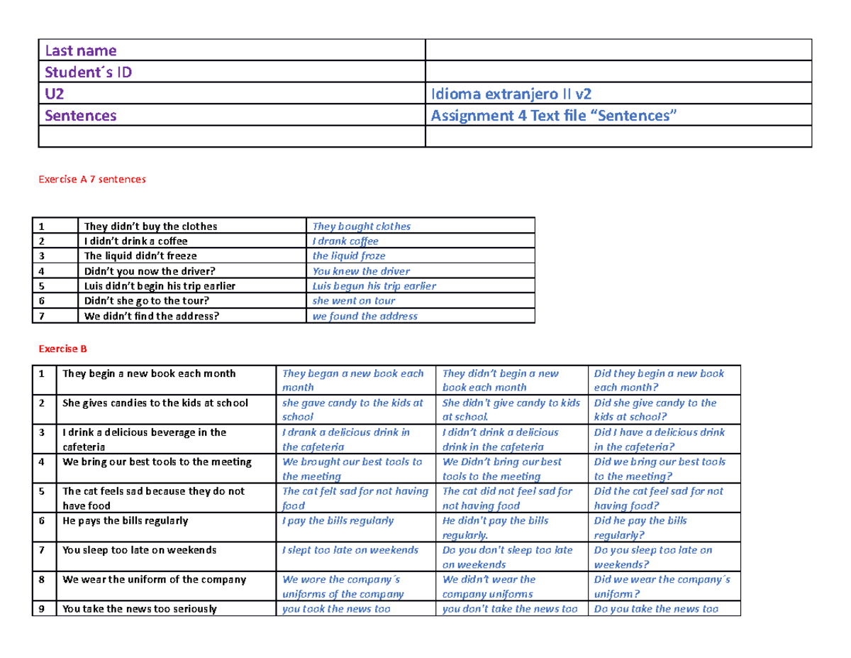 U2 sentences - Sentencias de ingles tarea - Last name Student ́s ID U2 ...