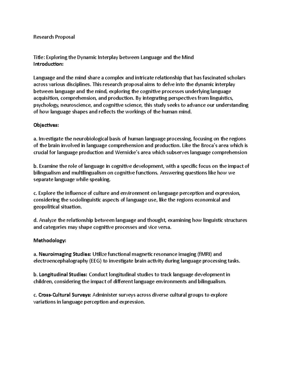 Research Proposal - Language and the Mind - Research Proposal Title: Exploring the Dynamic ...