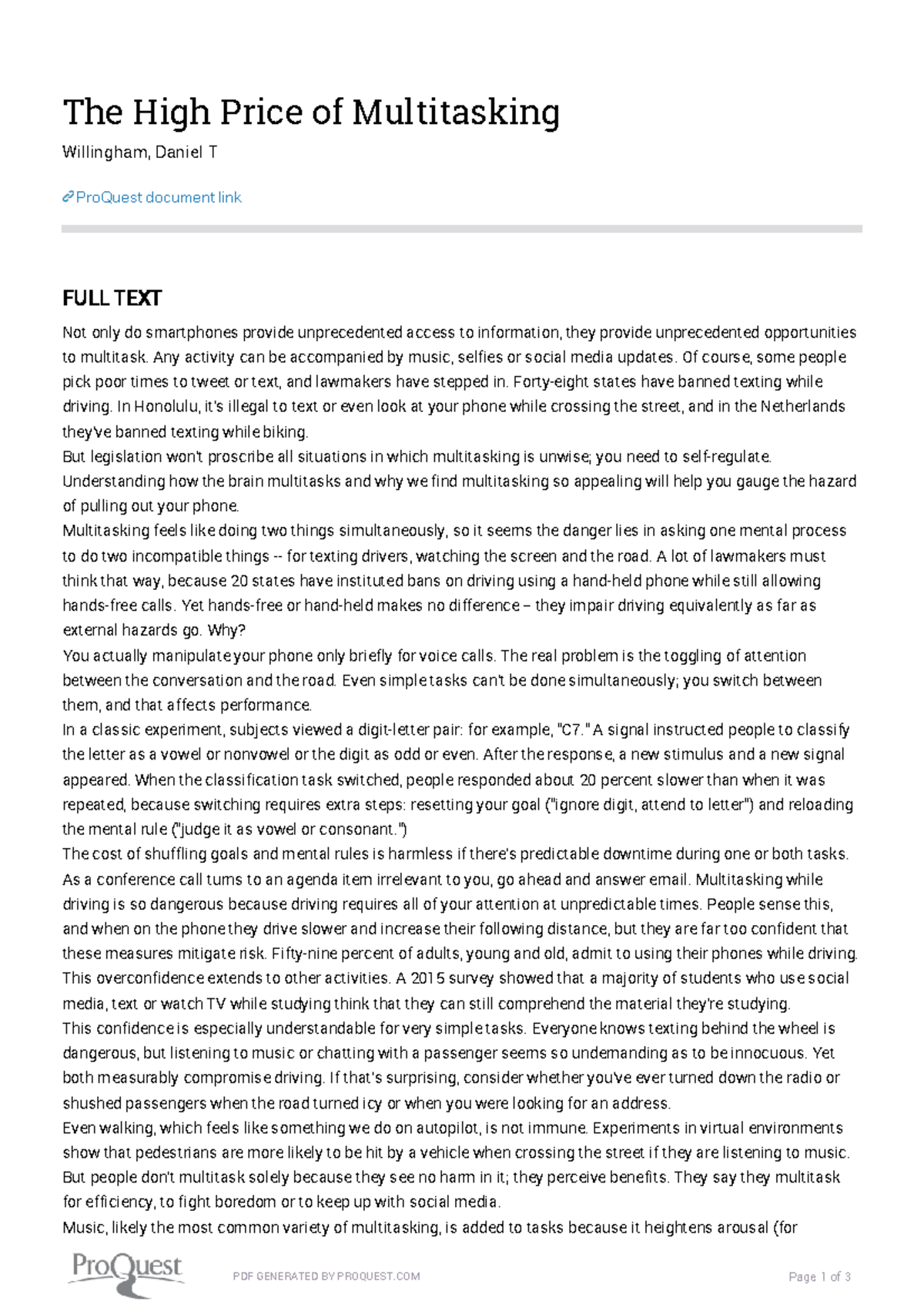 English 3 page paragraph - The High Price of Multitasking Willingham ...