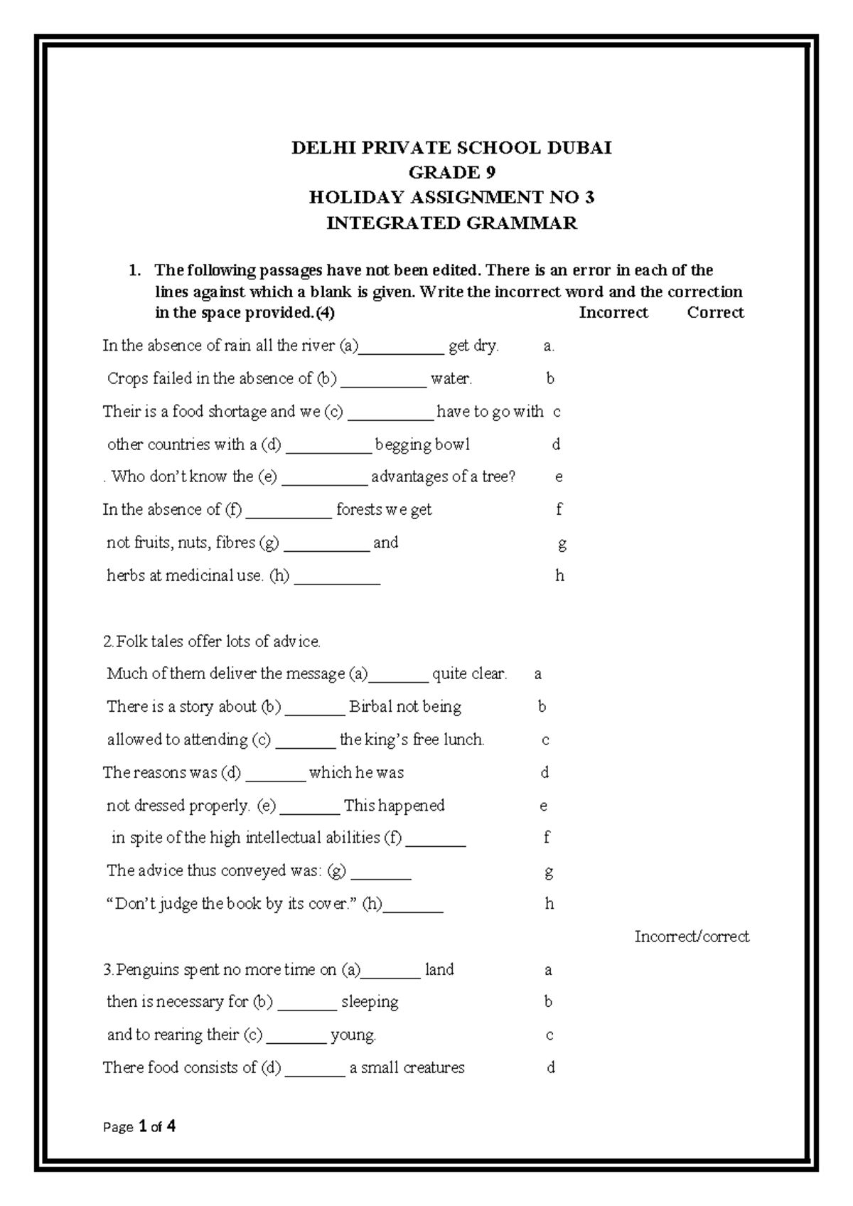 Holiday Homework Integrated Grammar g9 - DELHI PRIVATE SCHOOL DUBAI ...