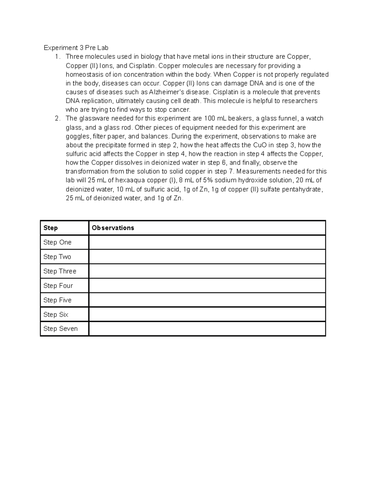 Experiment 3 Pre Lab - Copper Transformation Pre Lab - Experiment 3 Pre ...