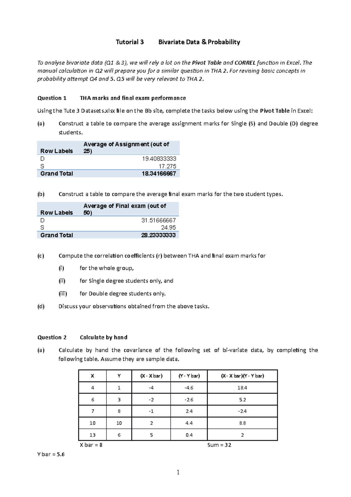Tute 3 Bivariate Data & Probability - Tutorial 3 Bivariate Data ...