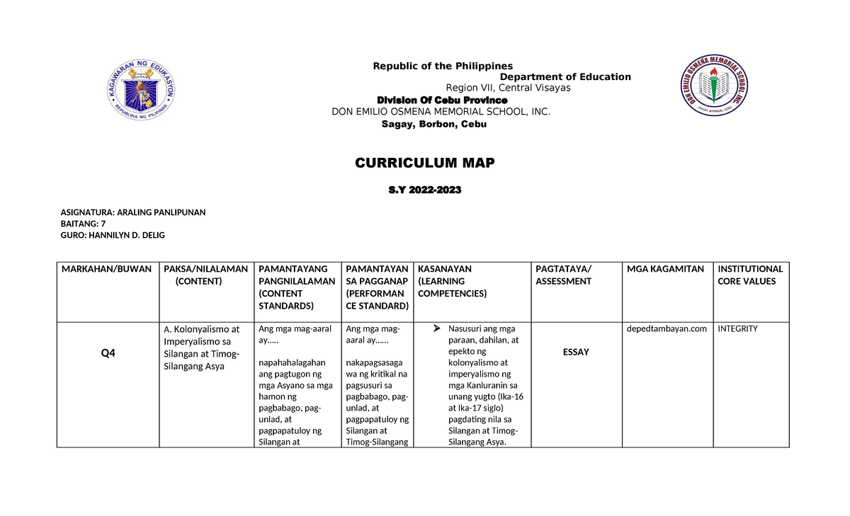 Curriculum MAP - Republic of the Philippines Department of Education ...