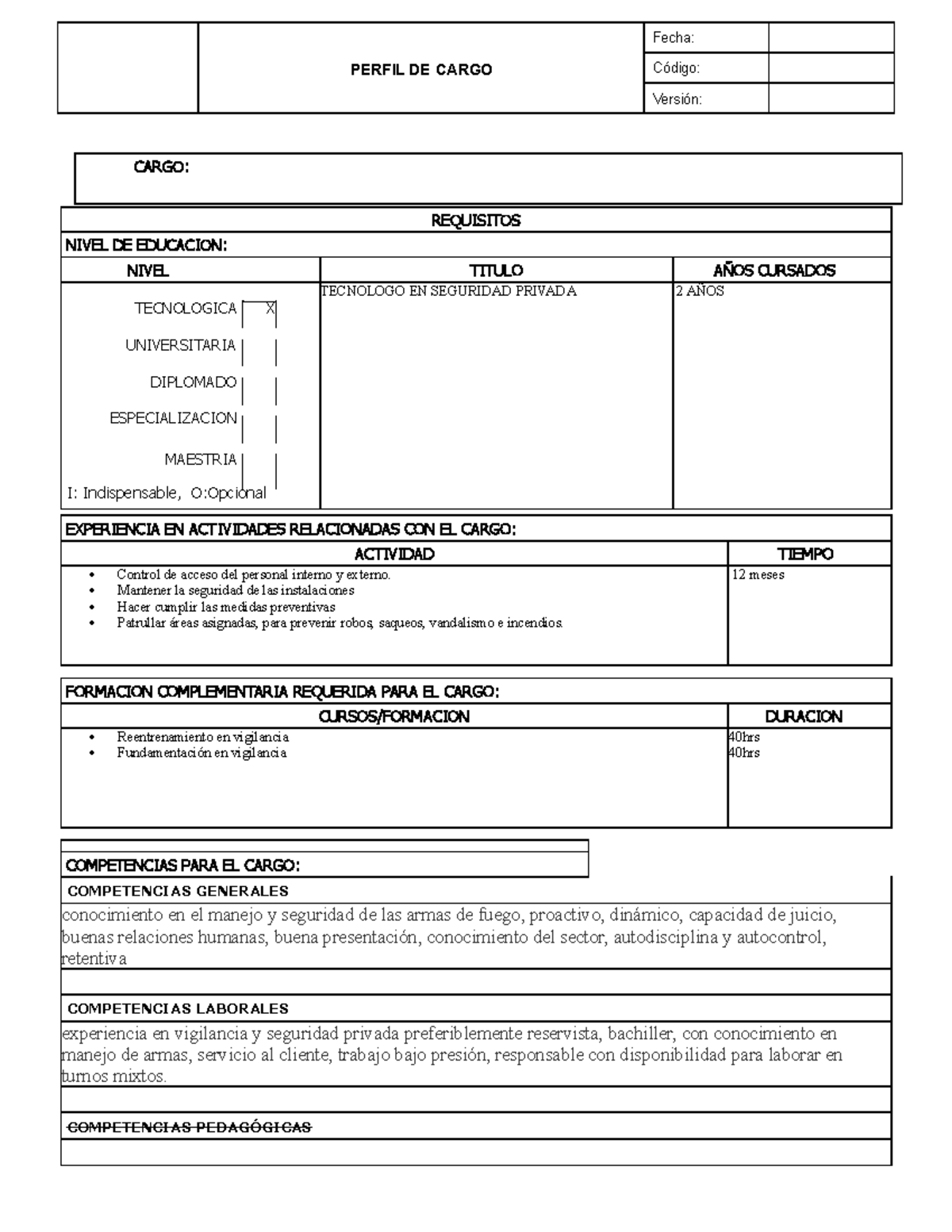 Modelo Perfil DEL Cargo - Copia - PERFIL DE CARGO Fecha: Código ...