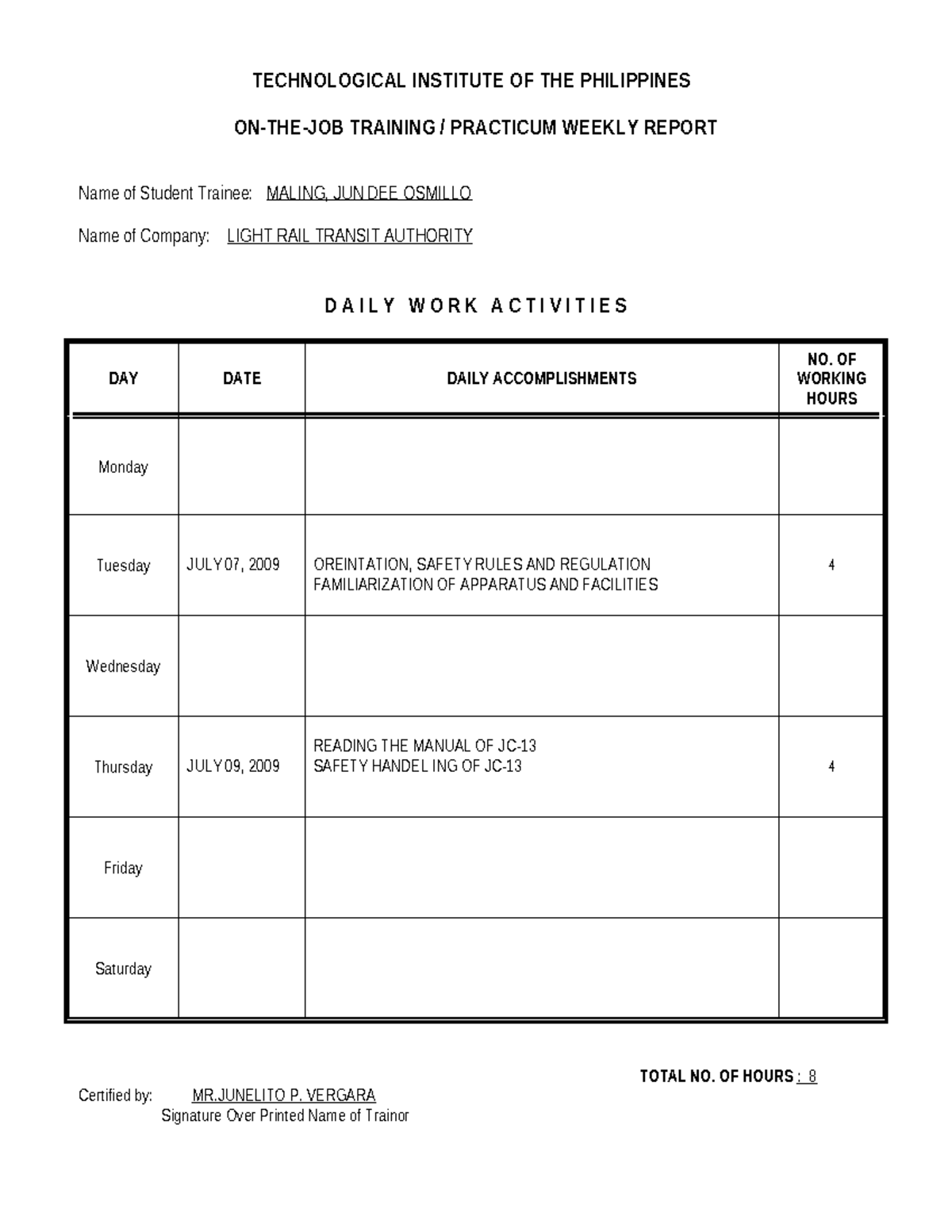 18141604 Ojt Practicum Weekly Report - ON-THE-JOB TRAINING / PRACTICUM ...