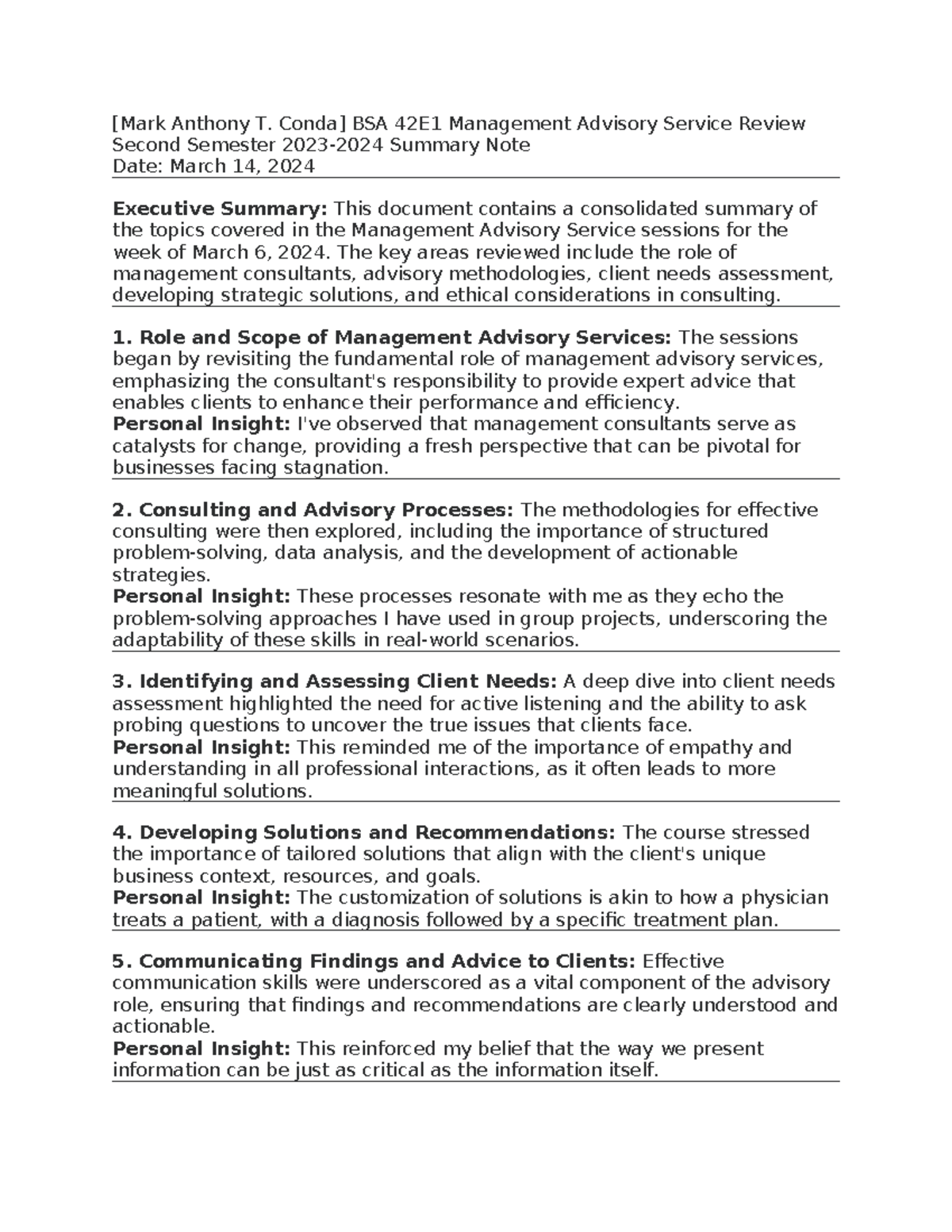 BSA 42E1 Management Advisory Service Review Second Semester 2023-2024 ...