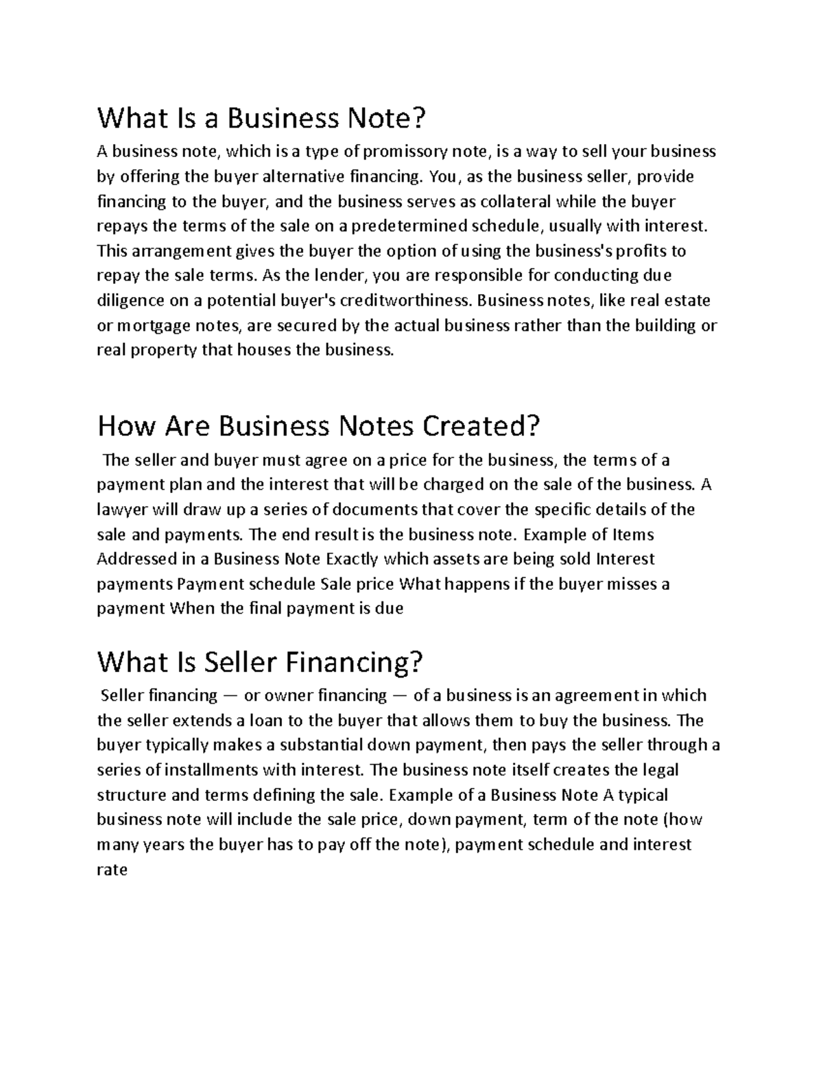 What Is a Business Note - You, as the business seller, provide ...
