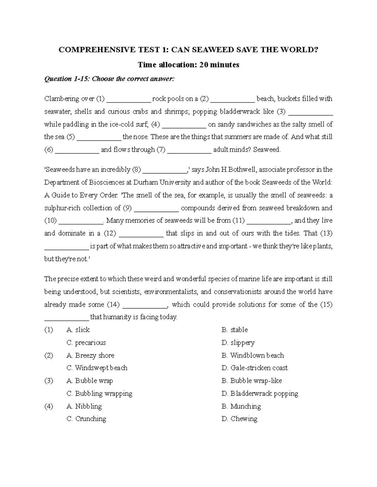 Comprehensive TEST 1 Official - COMPREHENSIVE TEST 1: CAN SEAWEED SAVE ...