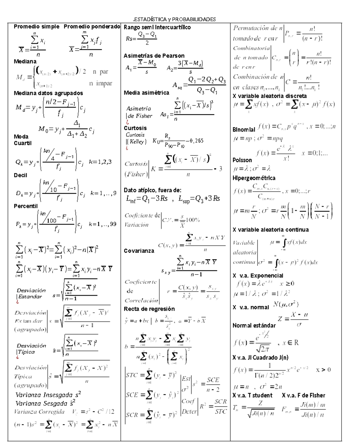 EST PROB Formula V - .ESTADÍSTICA y PROBABILIDADES Promedio simple ...