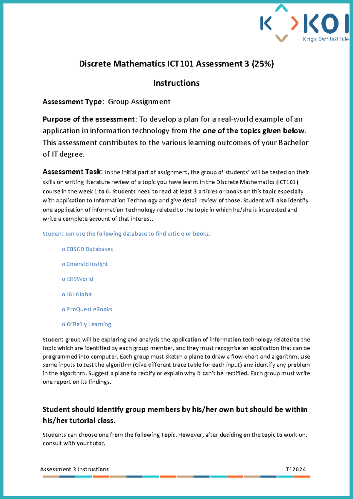 Assessment 3 Instuction T123 - Discrete Mathematics ICT101 Assessment 3 ...