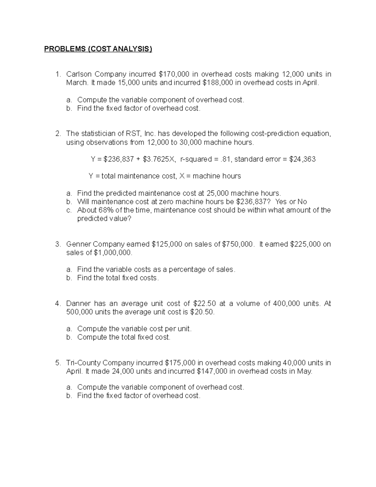 Problems-Cost Analysis - PROBLEMS (COST ANALYSIS) Carlson Company ...