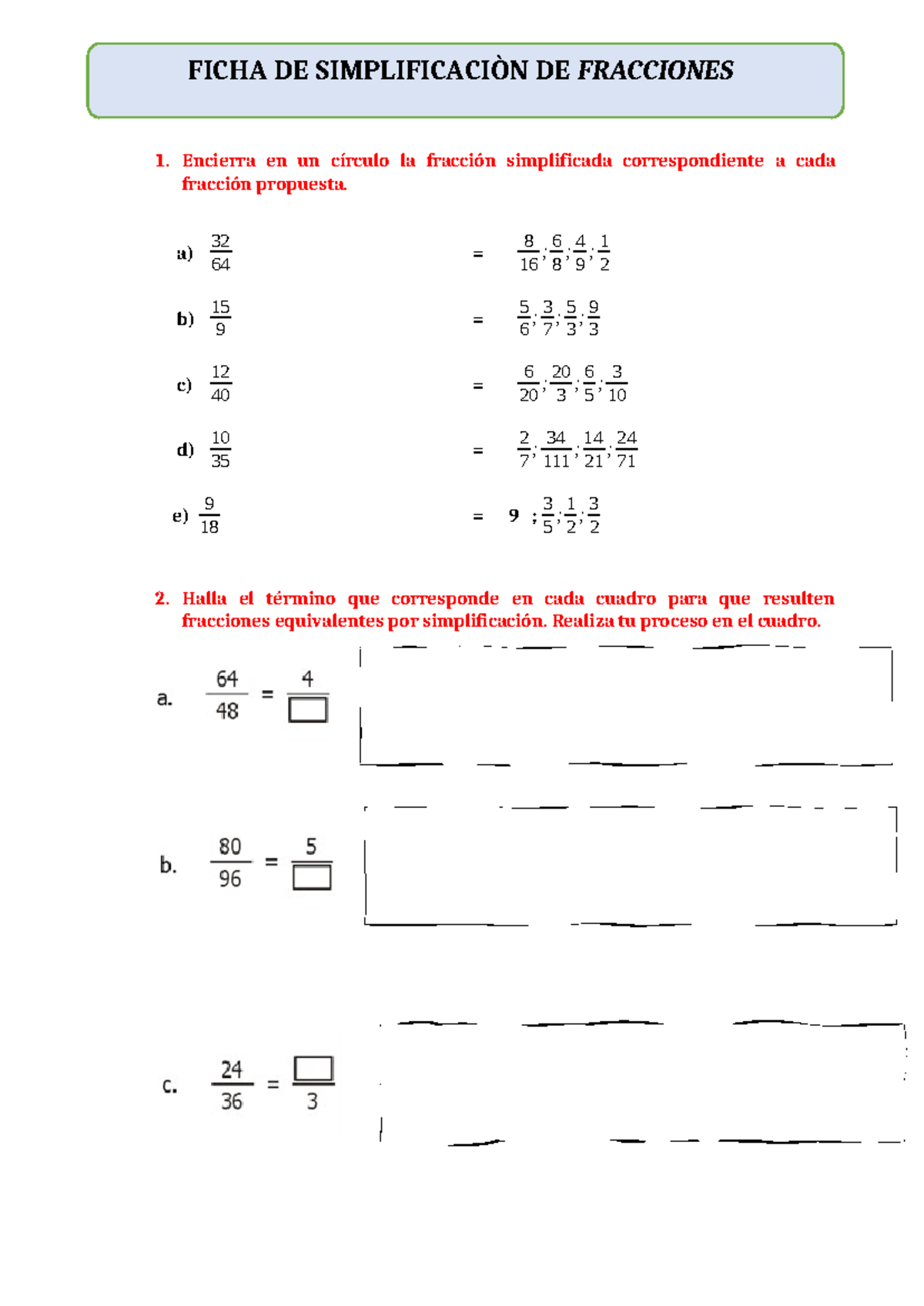 Ficha Simplificaciòn DE Fracciones - 1. Encierra en un círculo la ...