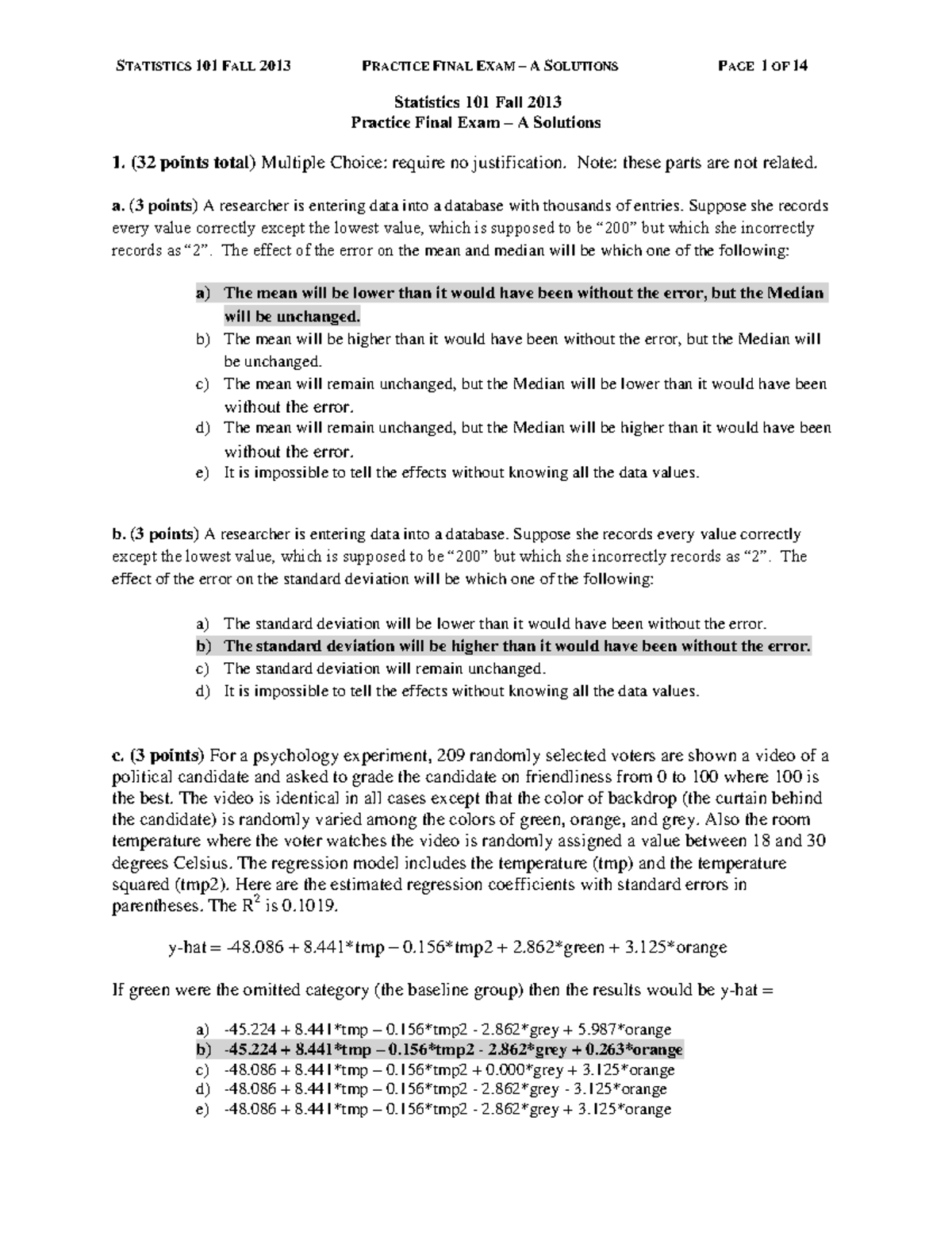 Final Exam A 13 October 2015, answers - PRACTICE FINAL EXAM – A ...