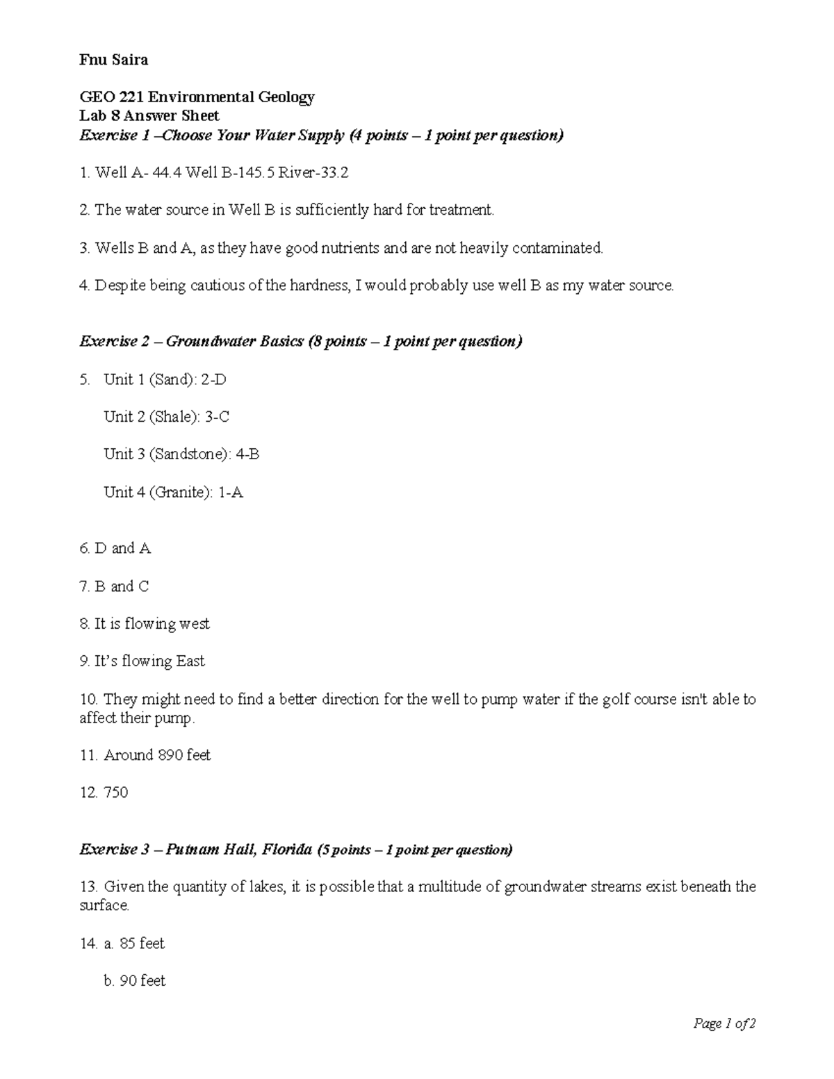 Lab 8 Answer Sheet - Notes - Fnu Saira GEO 221 Environmental Geology ...
