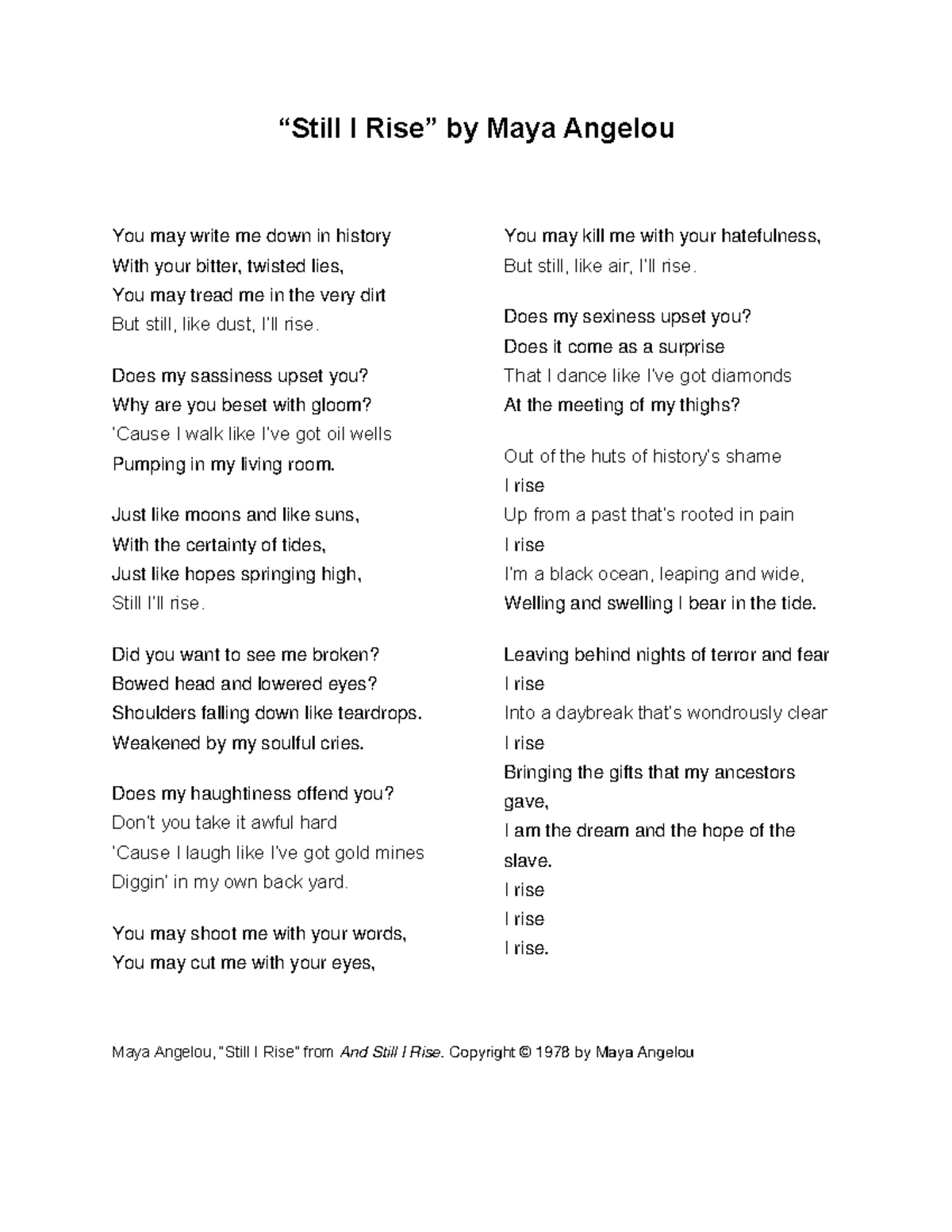 Poems on AP Lit Poetry Unit Test - “Still I Rise” by Maya Angelou You ...