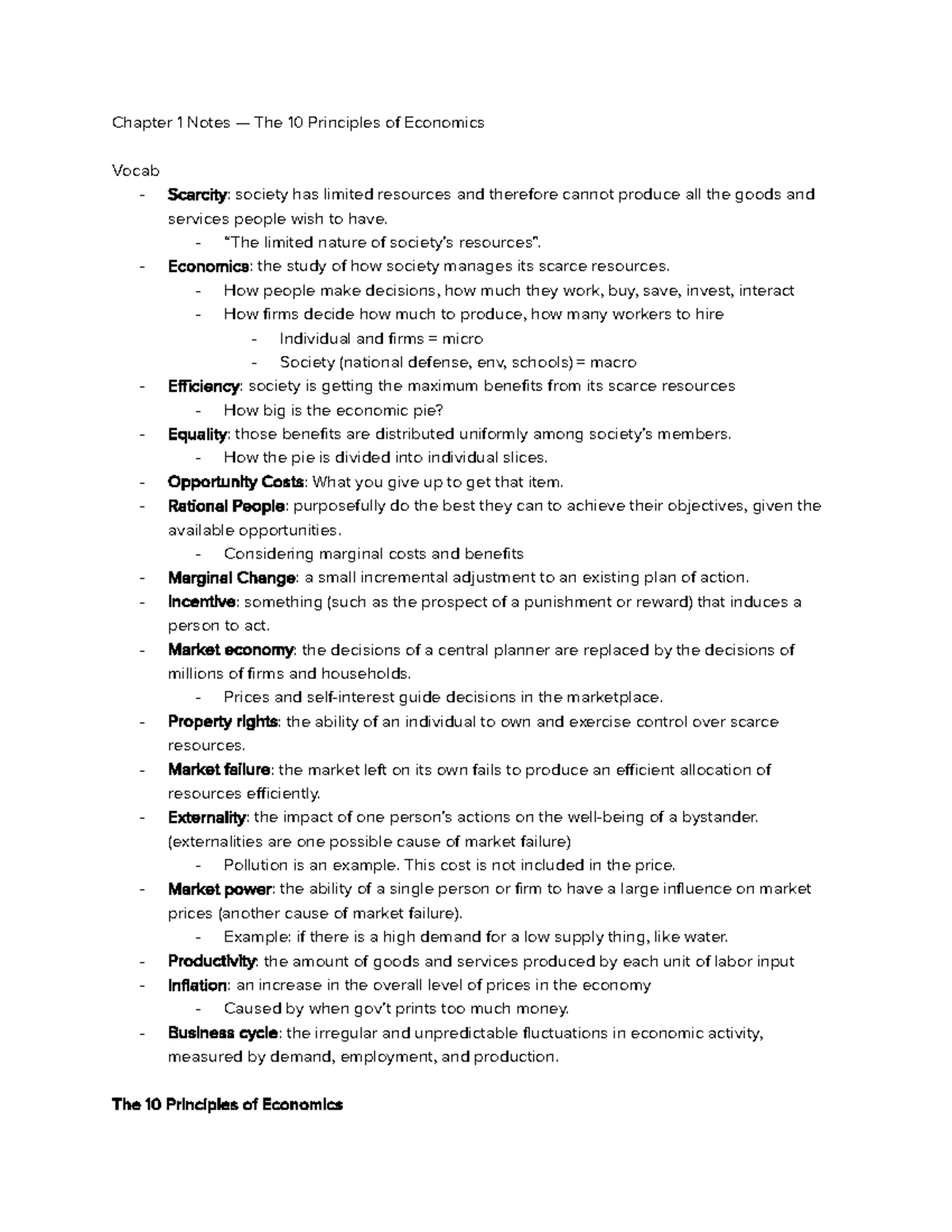 Econ 1 Microeconomics Chapter 1 Notes - Chapter 1 Notes — The 10 ...