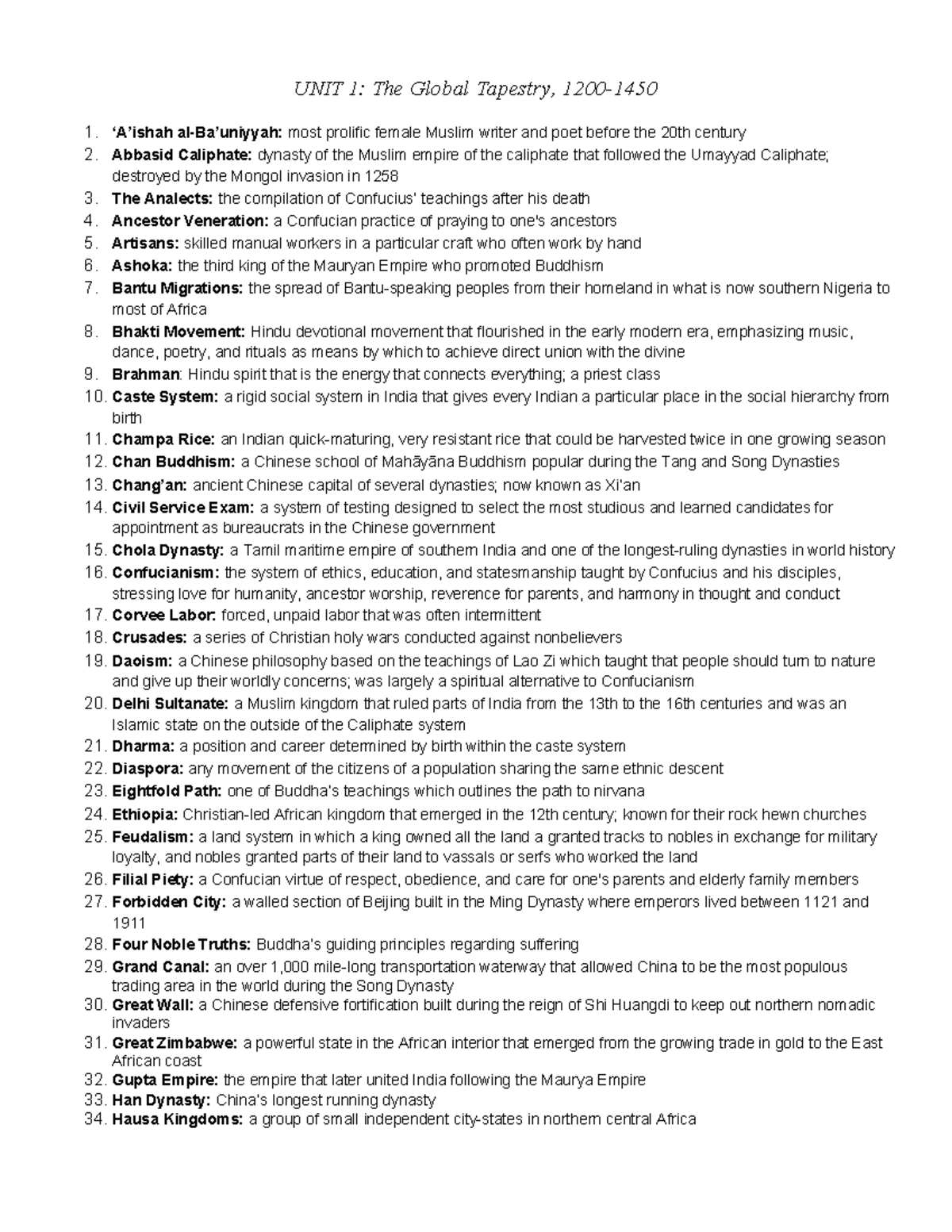 Unit 1 Vocab List -Editable - UNIT 1: The Global Tapestry, 1200- 1. ‘A ...
