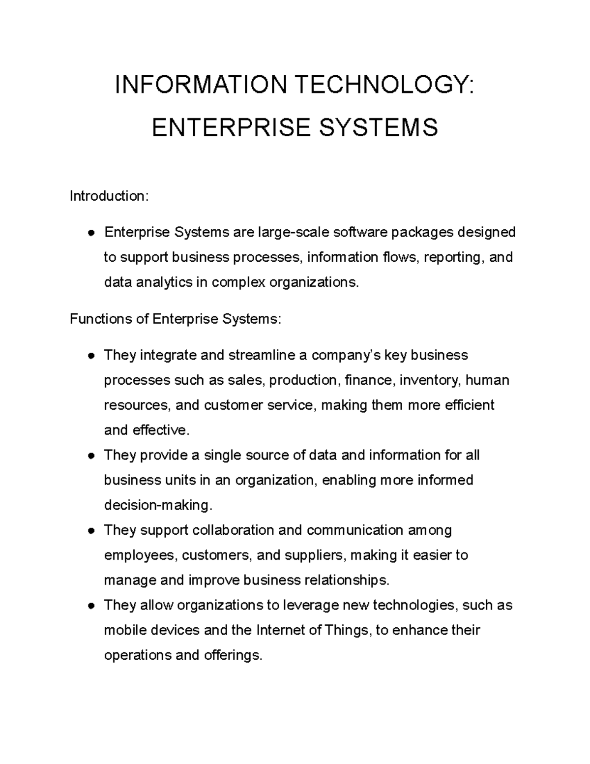Information Technology Enterprise Systems - INFORMATION TECHNOLOGY ...