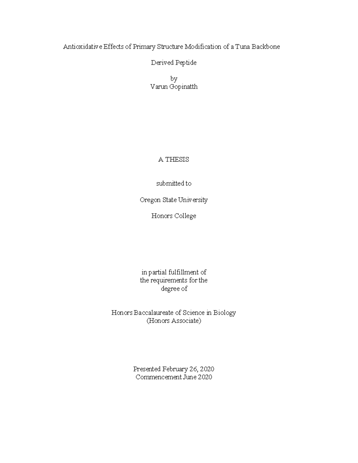 Sample honours thesis - Antioxidative Effects of Primary Structure ...