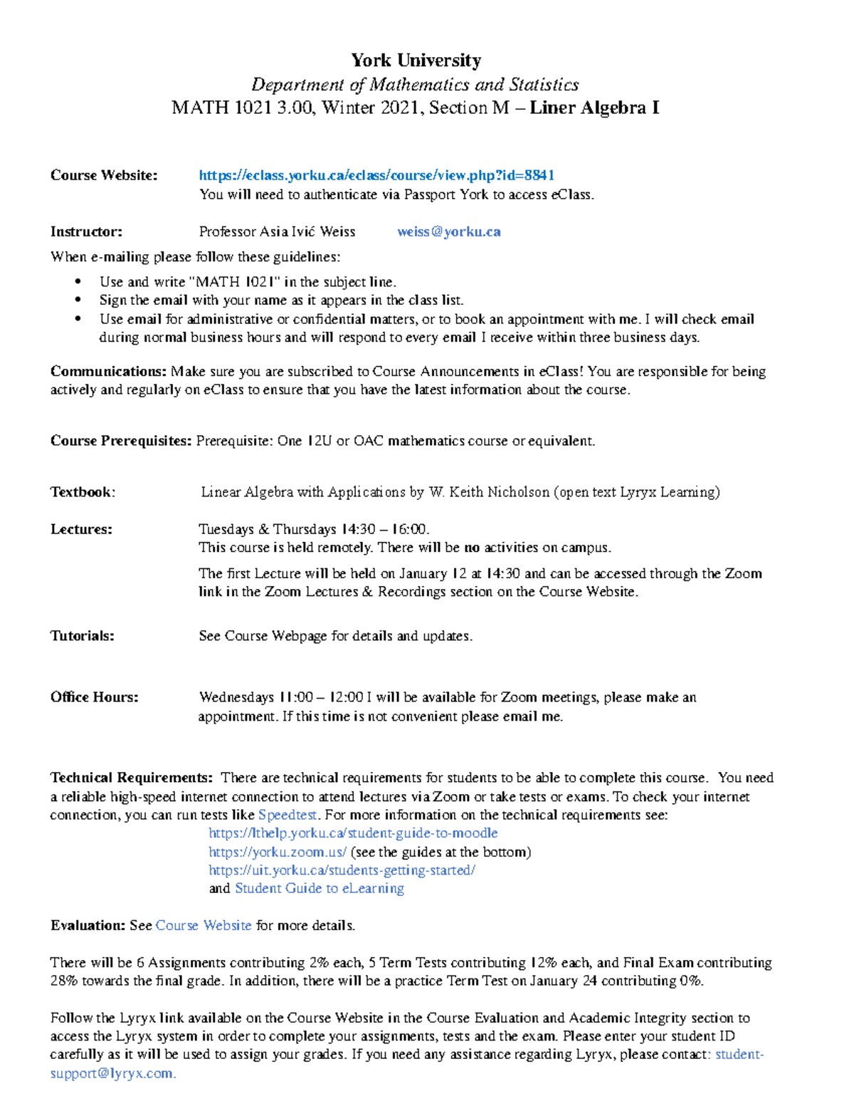 Course Outline MATH 1021 Winter 2021 - York University Department of ...