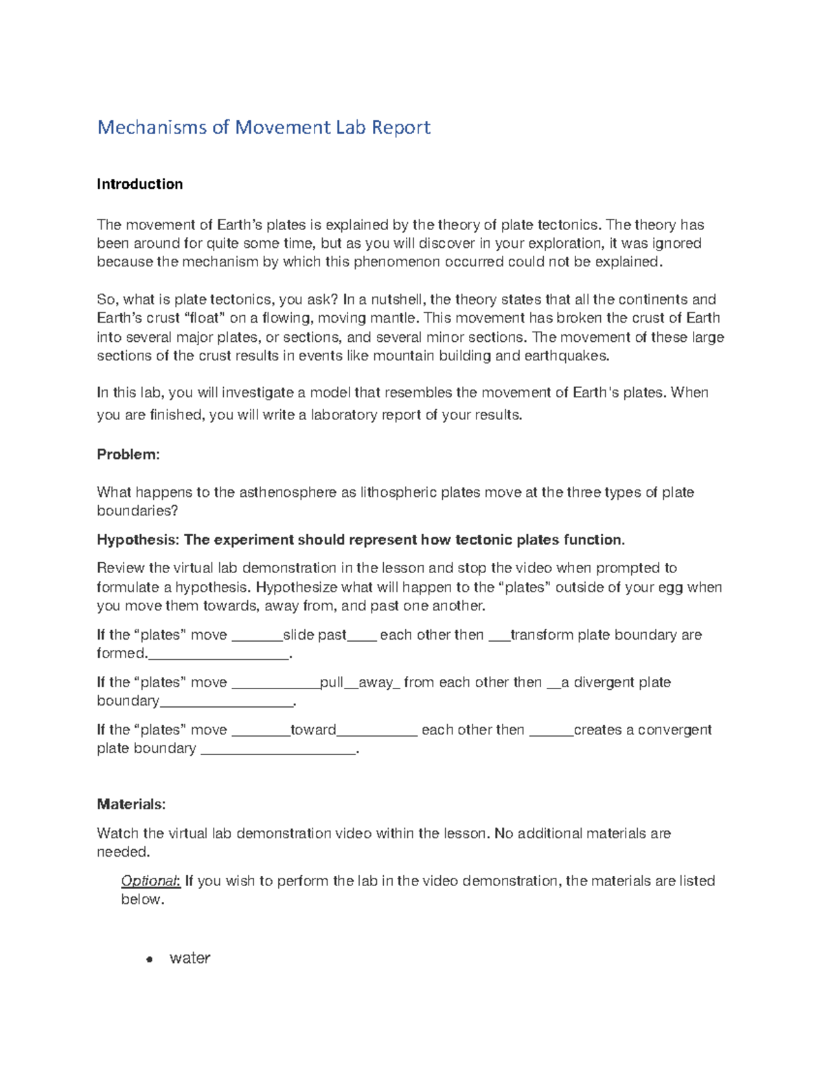 Mechanisms movement lab report - Mechanisms of Movement Lab Report ...