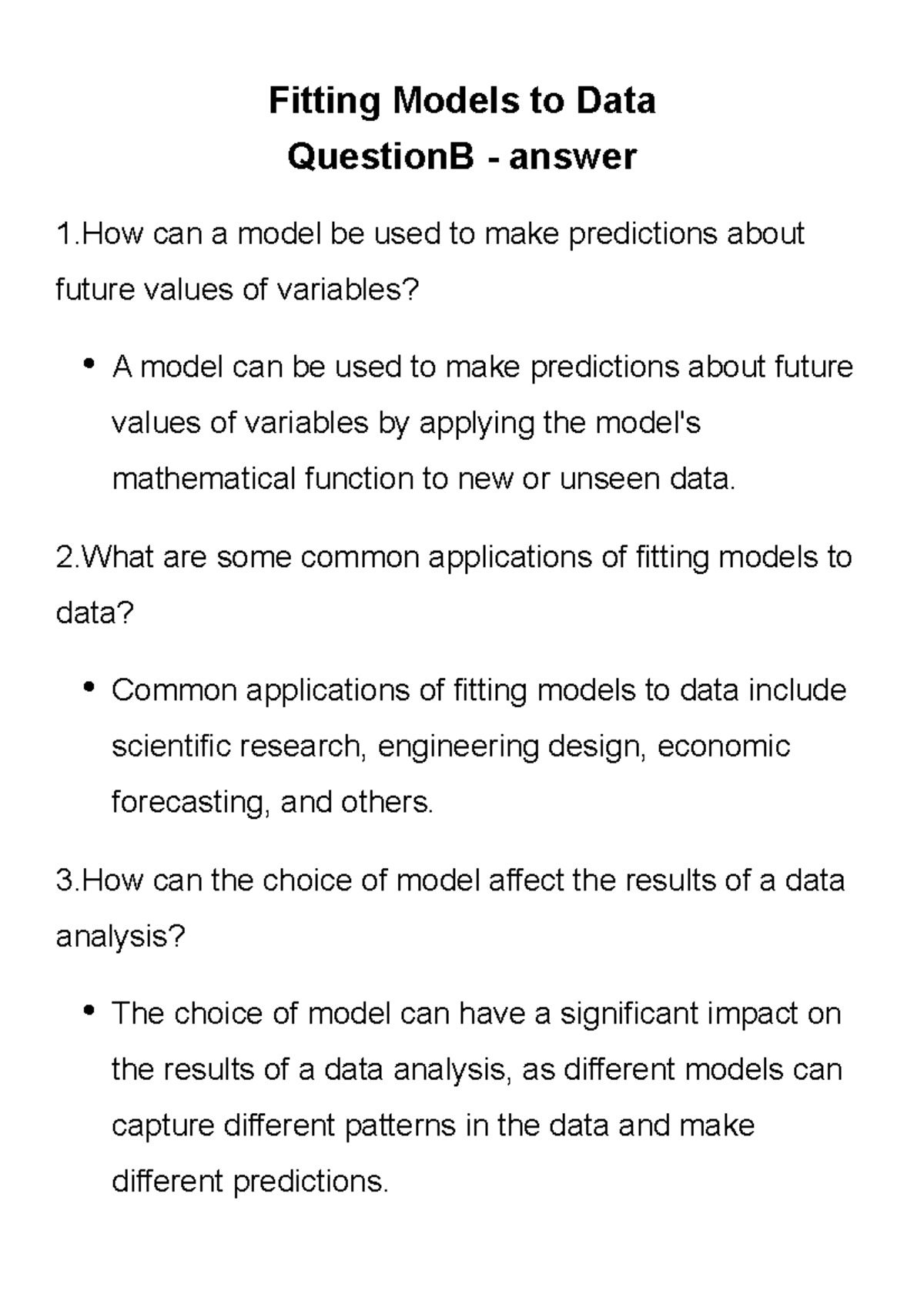 Fitting Models to Data Question B - answer - Fitting Models to Data ...
