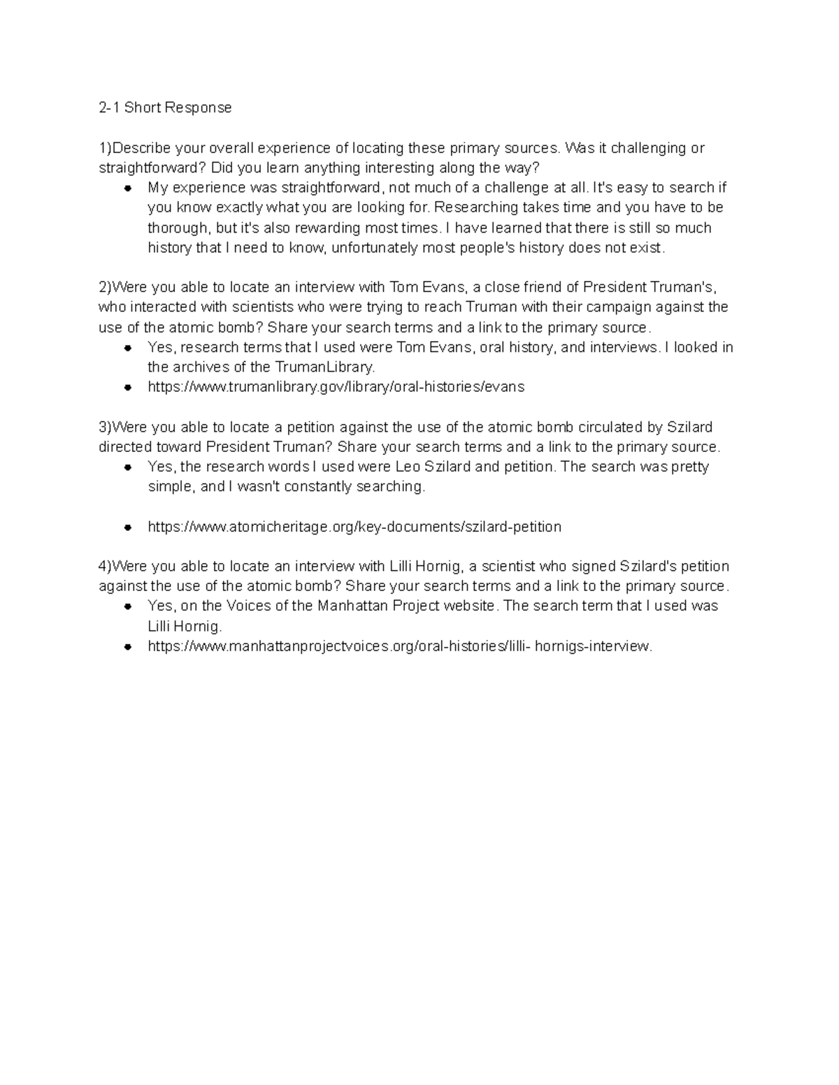 2-1 Short Response Primary Sources - 2-1 Short Response 1)Describe your ...