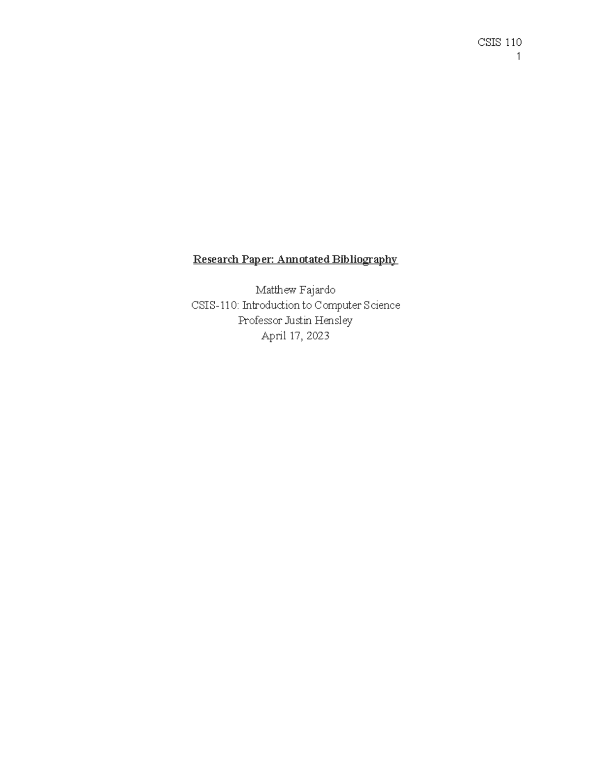 Research Paper: Annotated Bibliography - CSIS 110 - LU - Studocu
