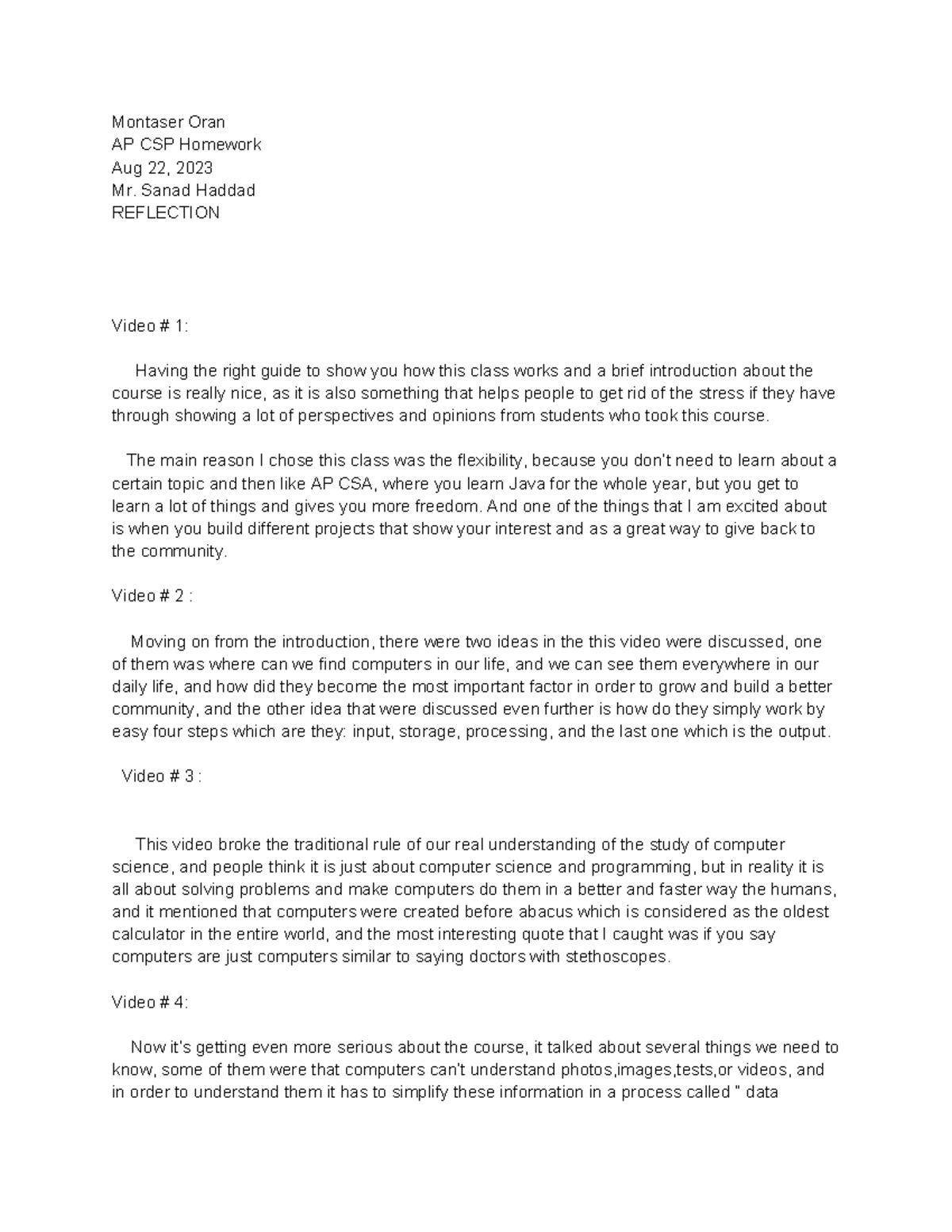 AP CSP HW#1 - CSP intro - Montaser Oran AP CSP Homework Aug 22, 2023 Mr ...