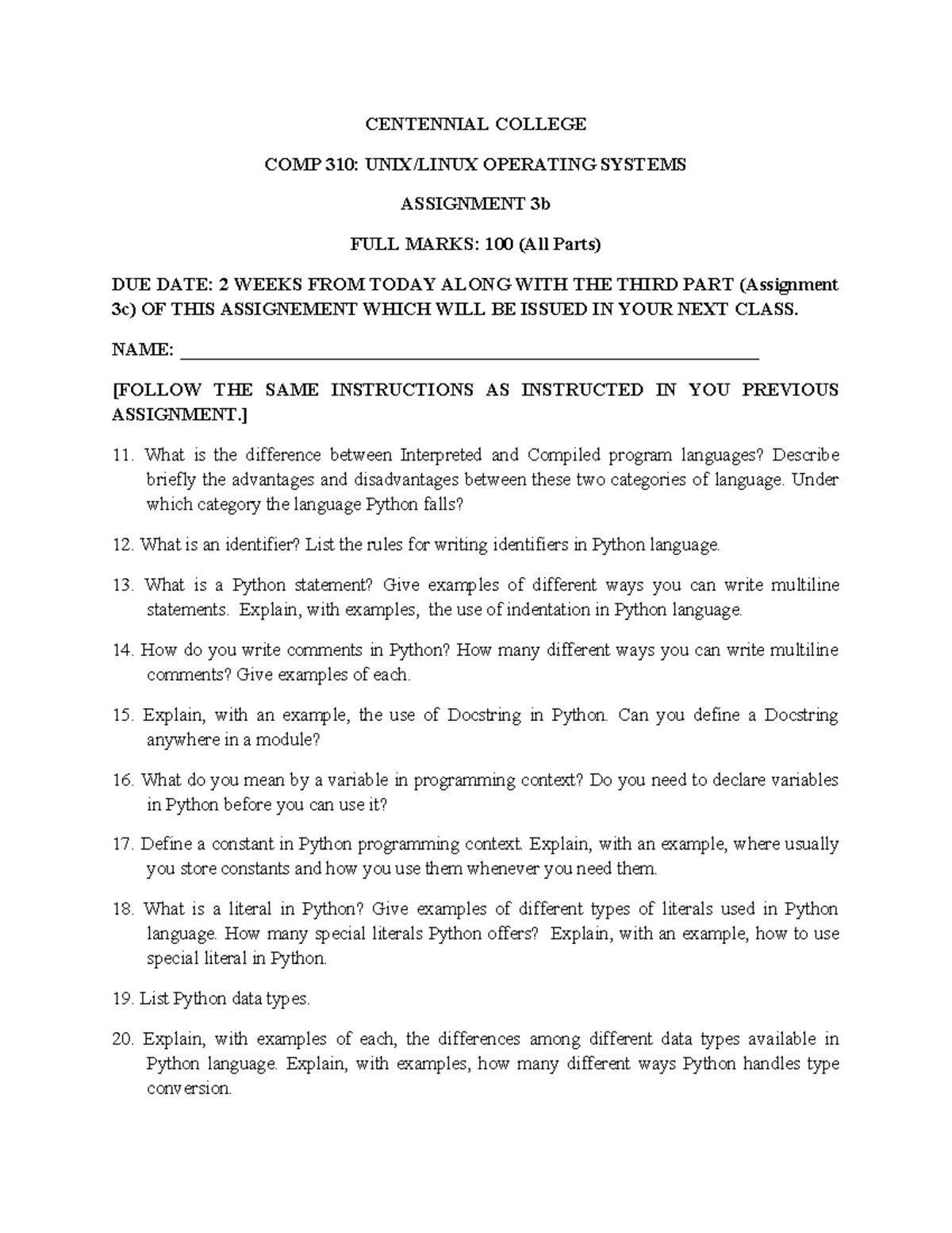 Lab3b Labs Centennial College Comp 310 Unix Linux Operating