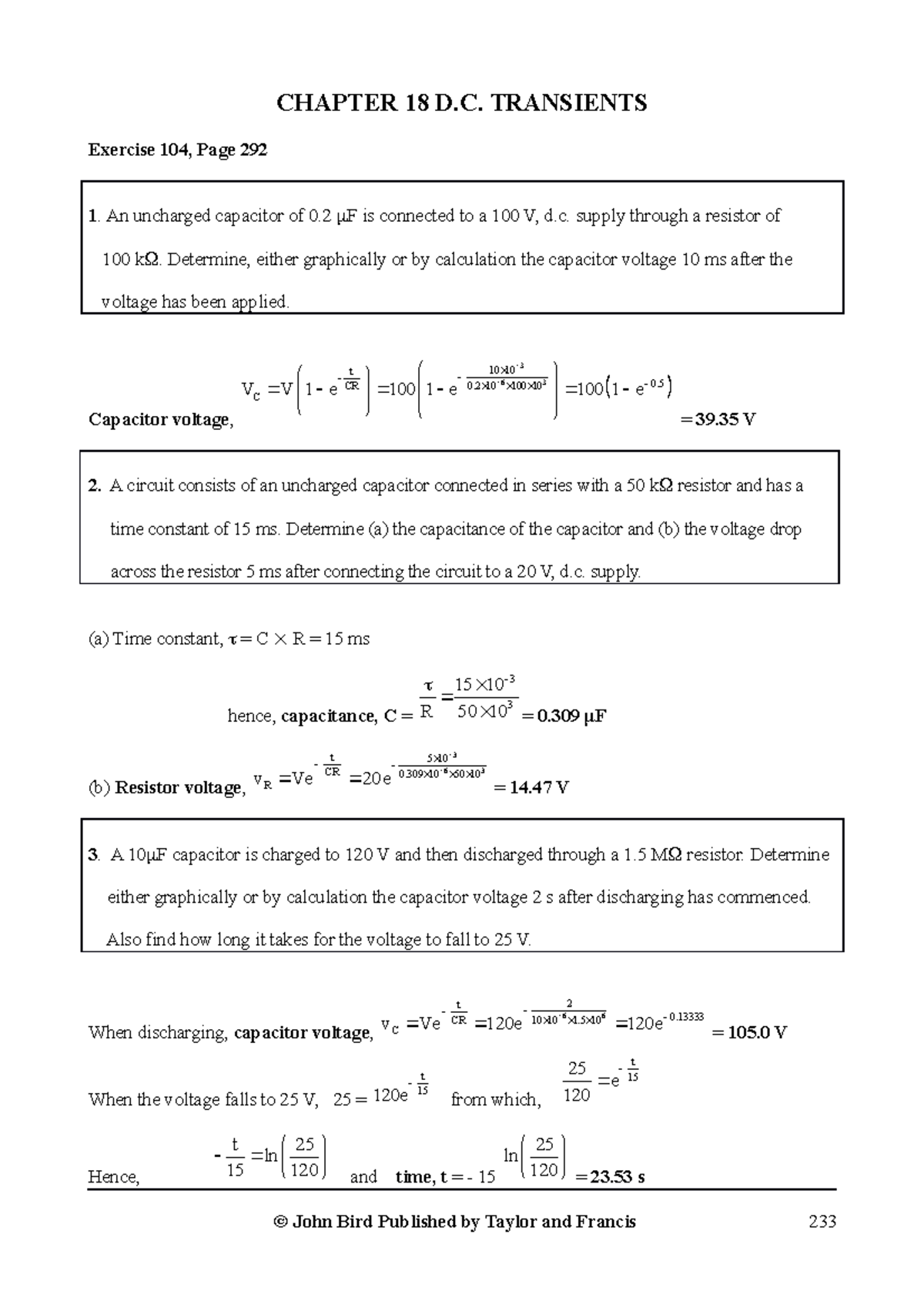 Prob n sol 203 - Solved - CHAPTER 18 D. TRANSIENTS Exercise 104, Page 292 An uncharged capacitor ...