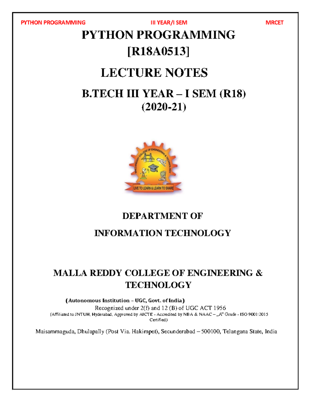 Python Programming MR - PYTHON PROGRAMMING [R18A0513] LECTURE NOTES B ...