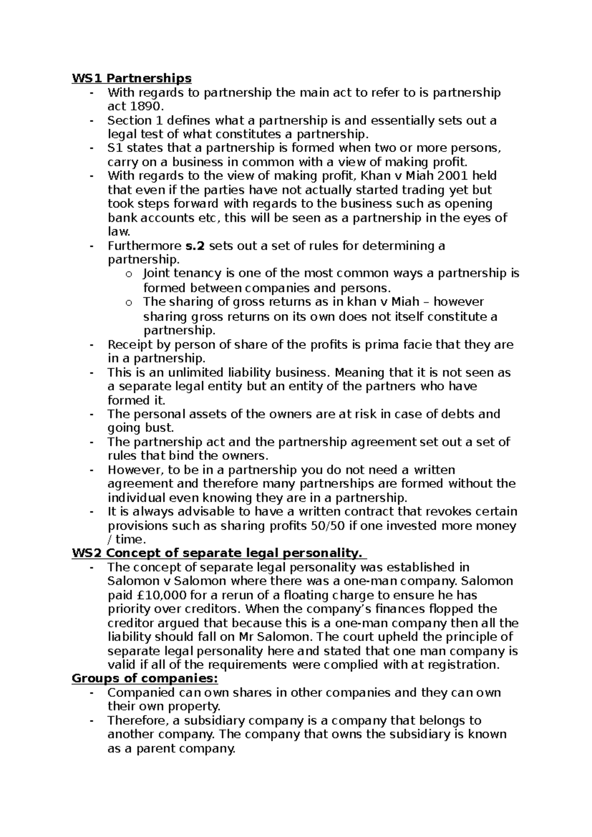 10 min revision - Summary Business BLP - WS1 Partnerships - With regards to partnership the main ...