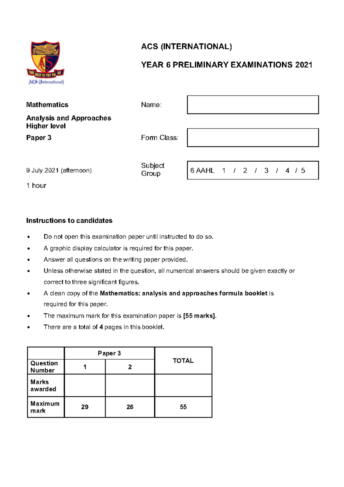 Acs p3 prelim - practice paper - ACS (INTERNATIONAL) YEAR 6 PRELIMINARY ...