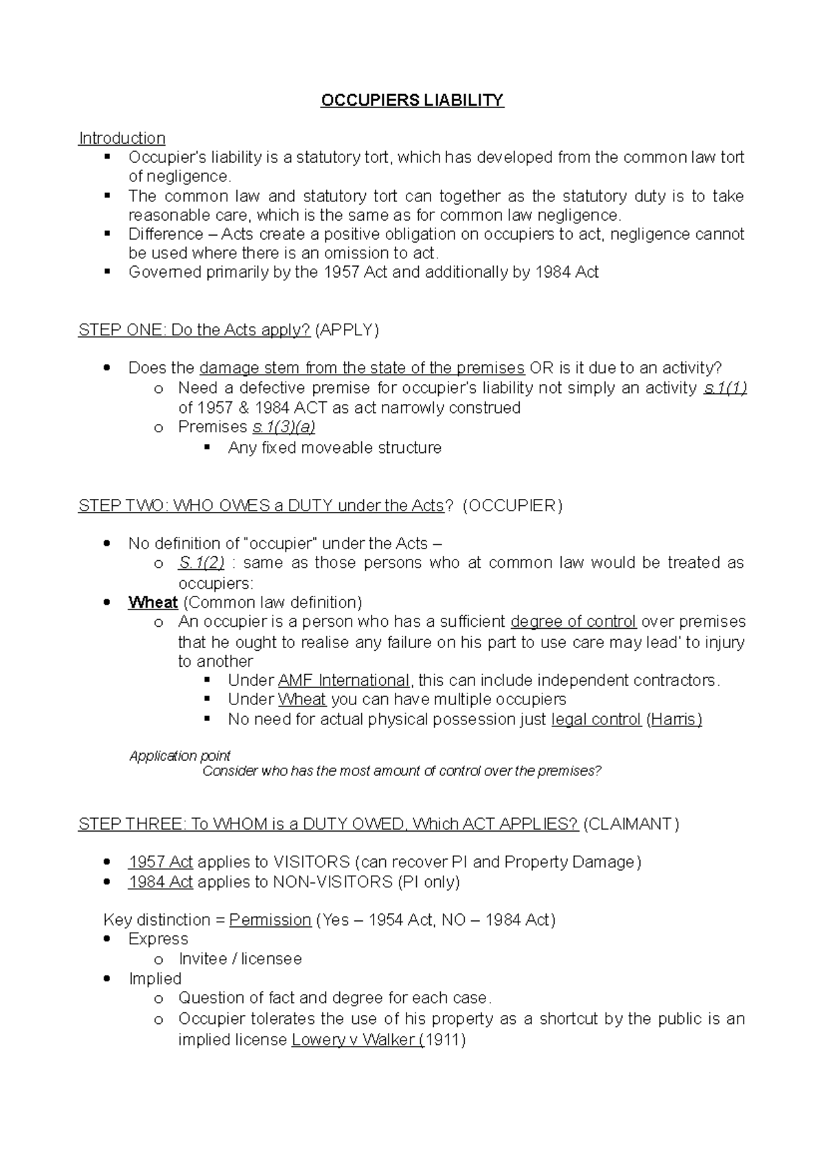 Occupiers liability - OCCUPIERS LIABILITY Introduction liability is a statutory tort, which has ...