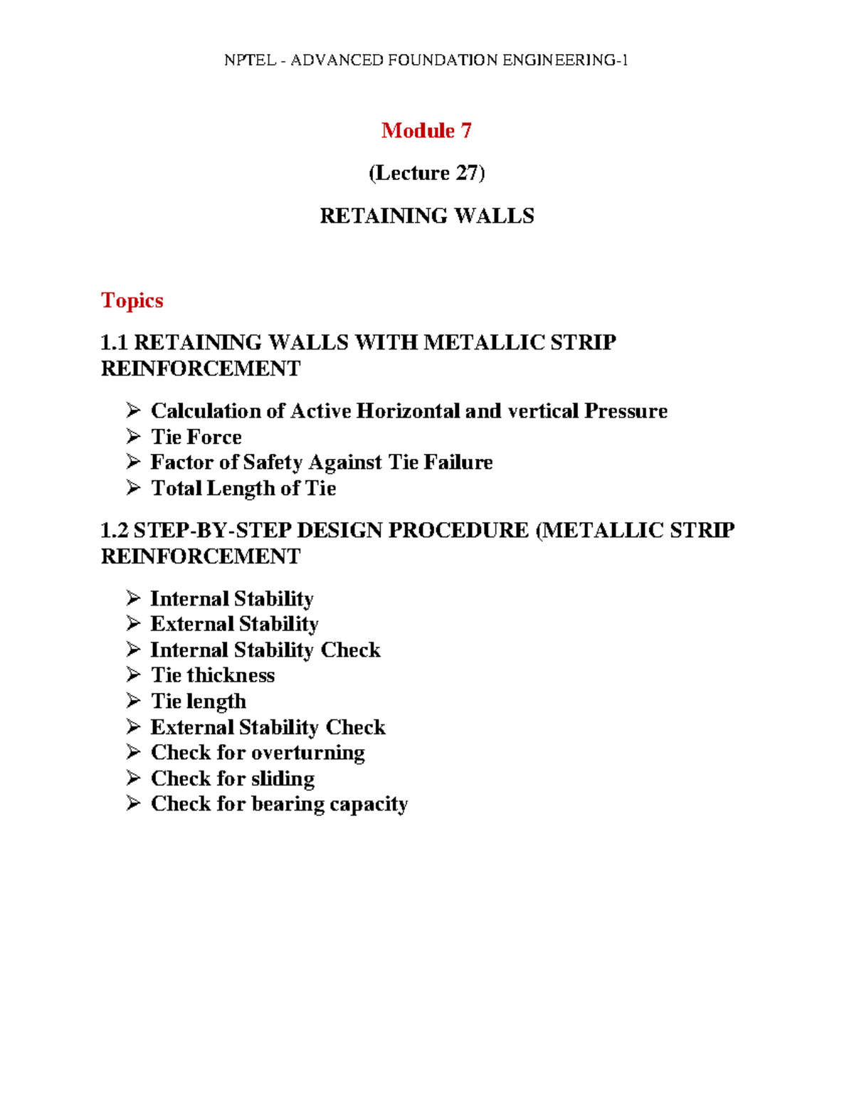 Retaining wall 3 - reatining wall notes - Module 7 (Lecture 2 7 ...