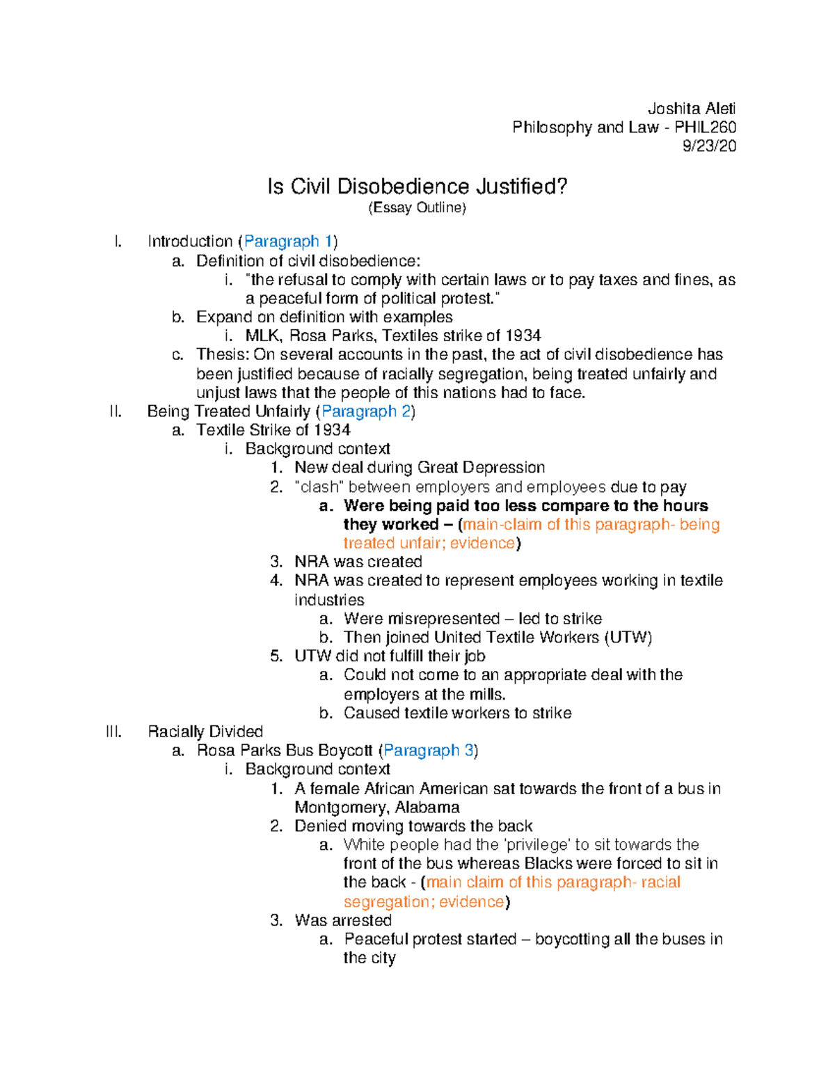 Civil Disobedience Outline Joshita Aleti - Joshita Aleti Philosophy and ...