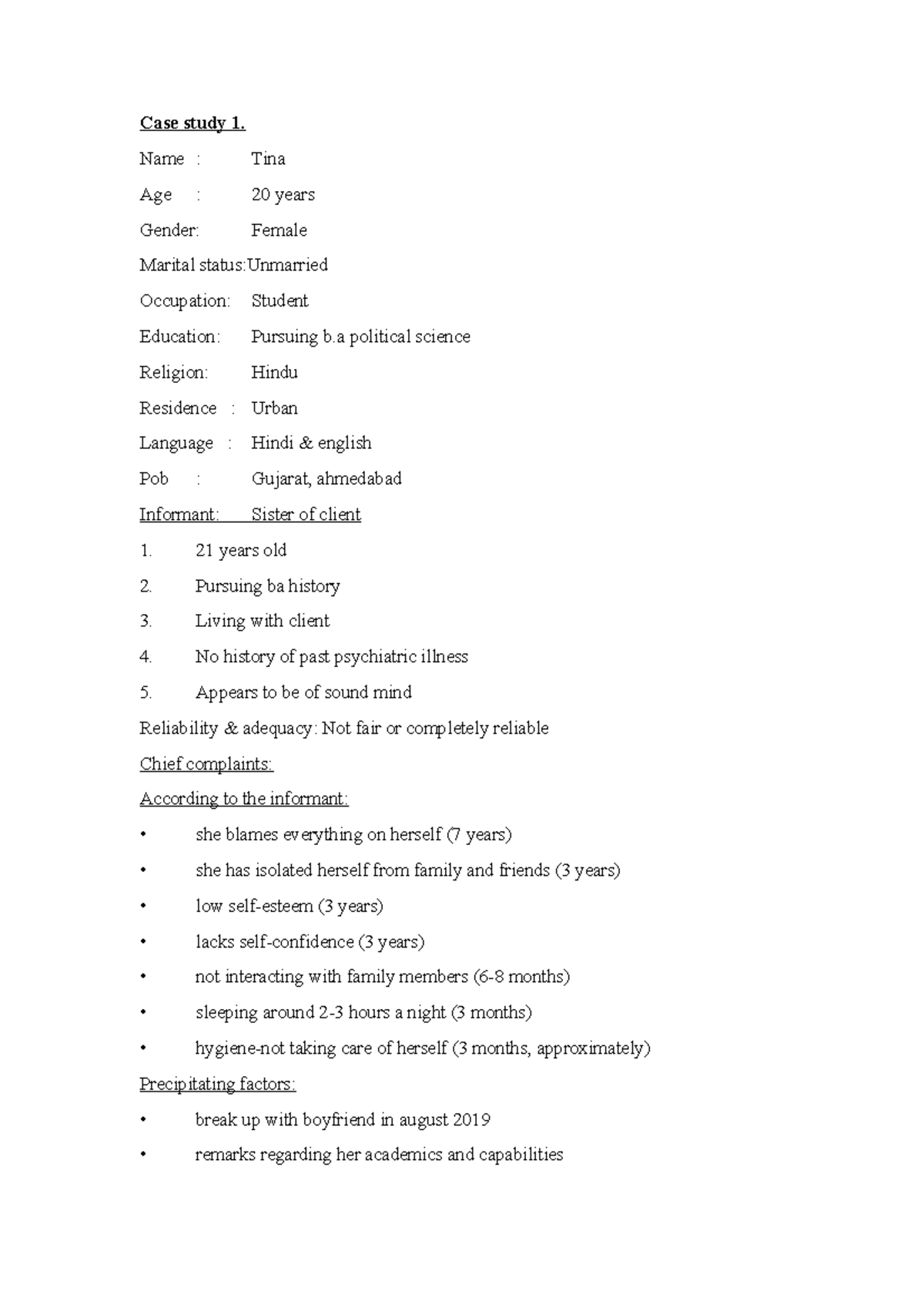 CASE Studies - internship cases - Case study 1. Name : Tina Age : 20 ...