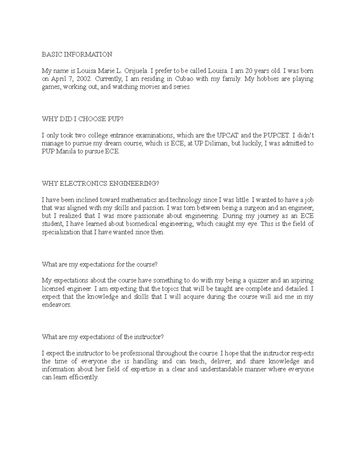 Basic Information - BASIC INFORMATION My name is Louisa Marie L ...