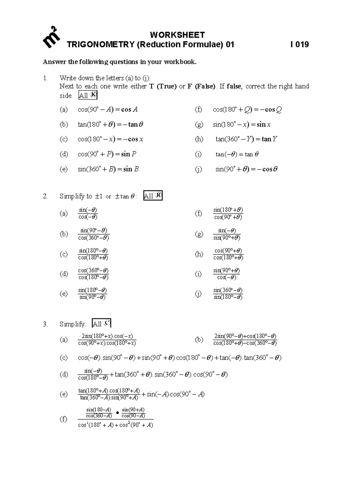I019 W Trigonometry Reduction Formulae 01 - WORKSHEET TRIGONOMETRY ...