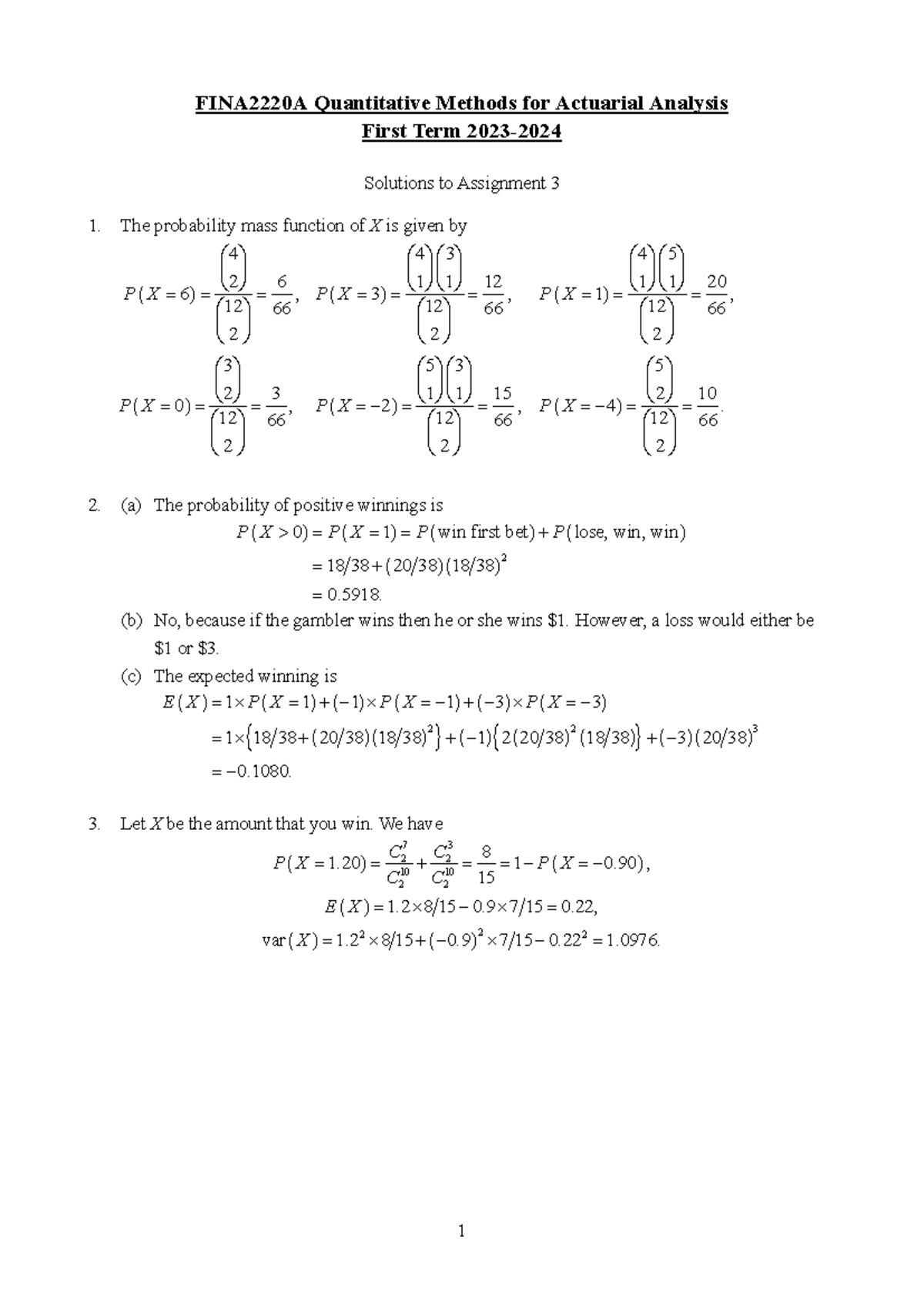 FINA2220 A Solutions - FINA2220A Quantitative Methods for Actuarial Analysis First Term 2023 ...