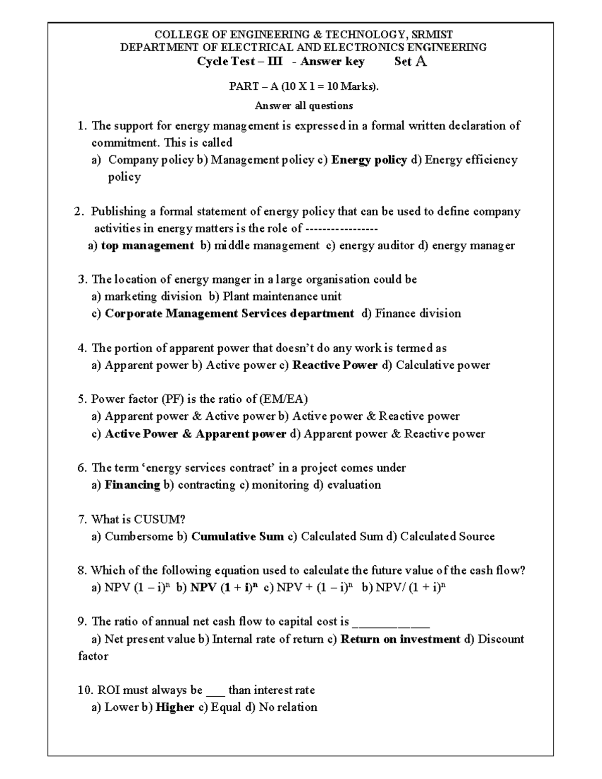 CT3 A with Answers - ct paper answer key - COLLEGE OF ENGINEERING & TECHNOLOGY, SRMIST - Studocu