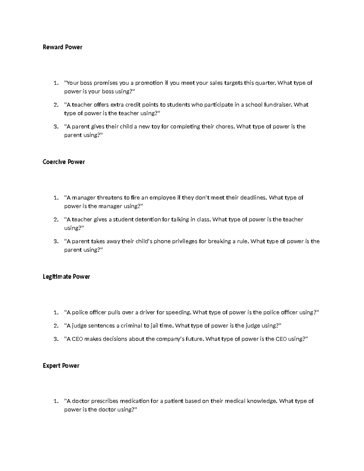 Power - politics sample questions - Reward Power 1. "Your boss promises ...