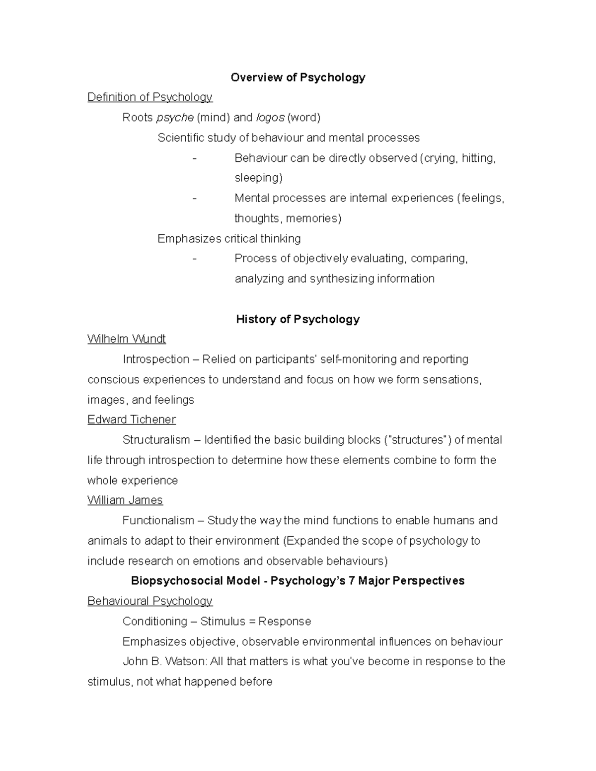 Chapter 1: Intro to Psychology - Overview of Psychology Definition of ...