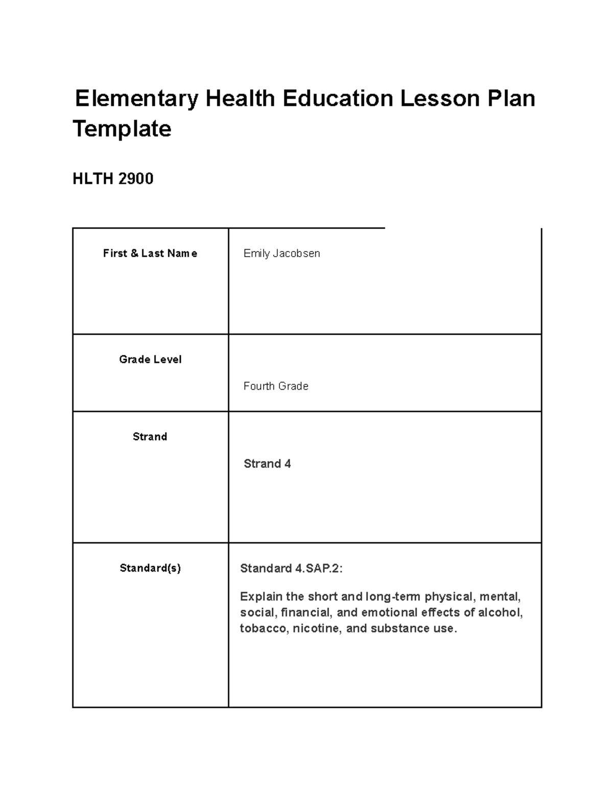 Strand 4, Grade 4, Jacobsen Emily - Elementary Health Education Lesson ...
