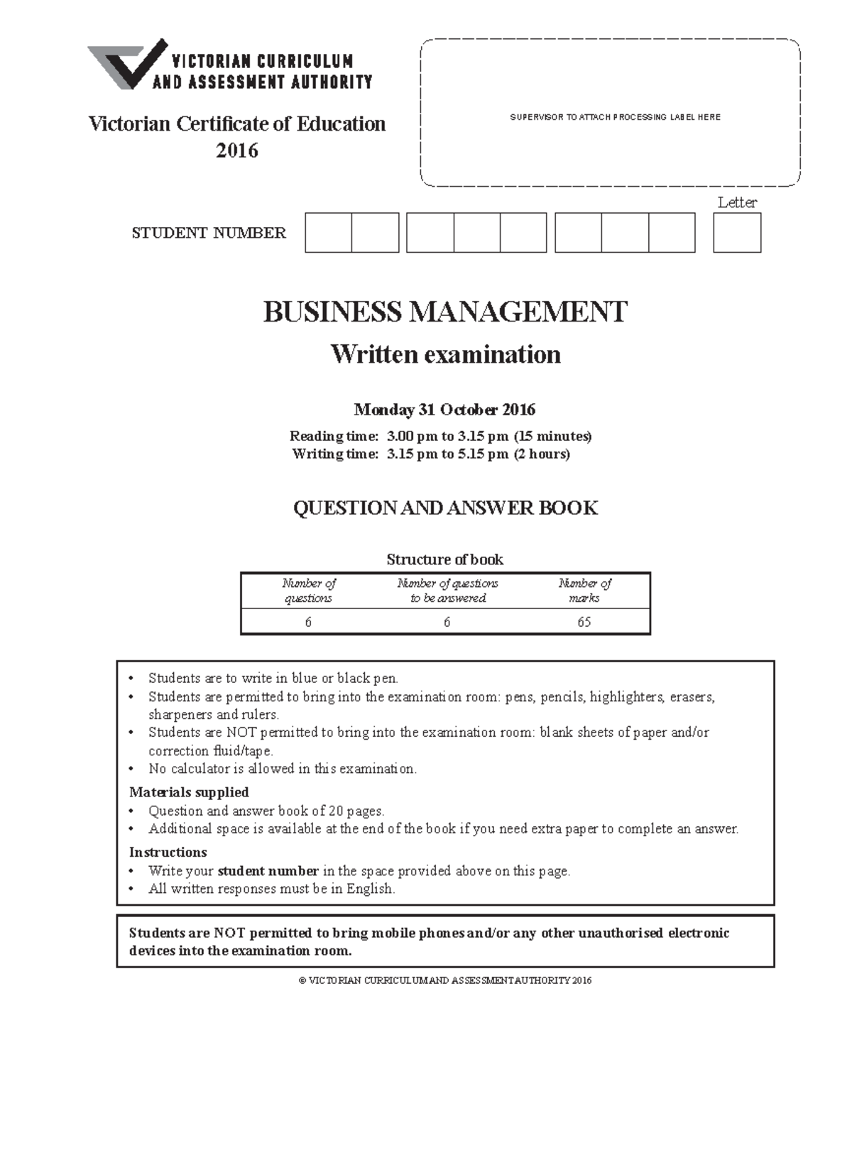 Exam 2016, questions - BUSINESS MANAGEMENT Written examination Monday ...