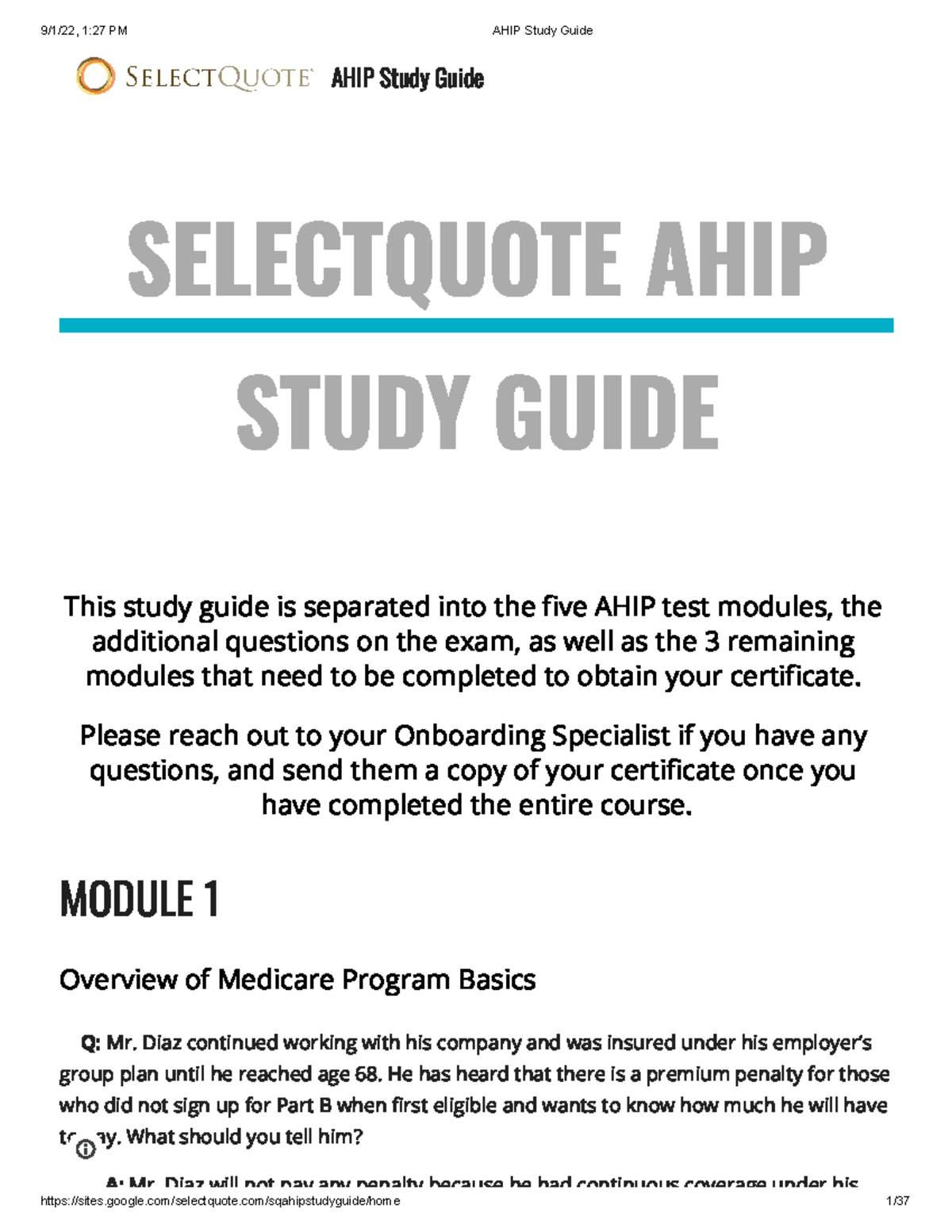 AHIP Study Guide - AHIP - SELECTQUOTE AHIP STUDY GUIDE This study guide ...