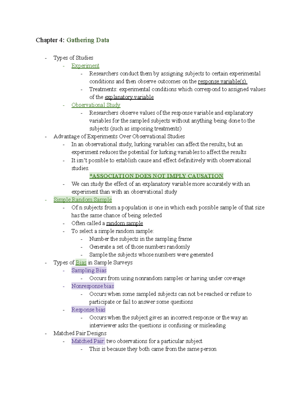STA 147- Chapter 4 Notes - Chapter 4: Gathering Data Types of Studies ...