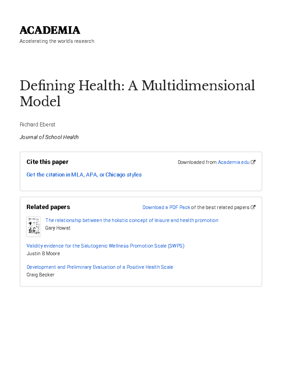 Defining Health A multidimensional model - Accelerating the world's ...