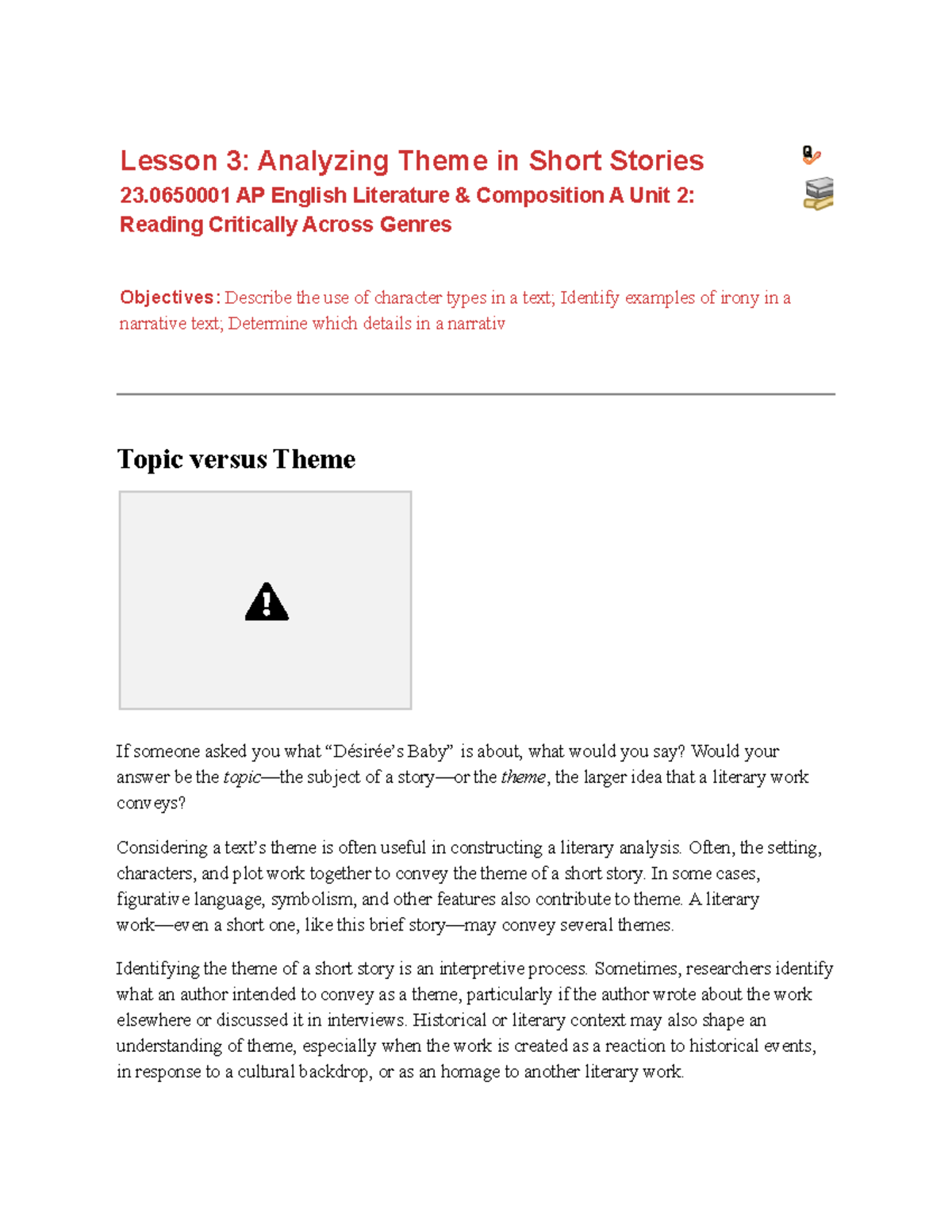 Lesson 3 Analyzing Theme in Short Stories - Lesson 3: Analyzing Theme ...